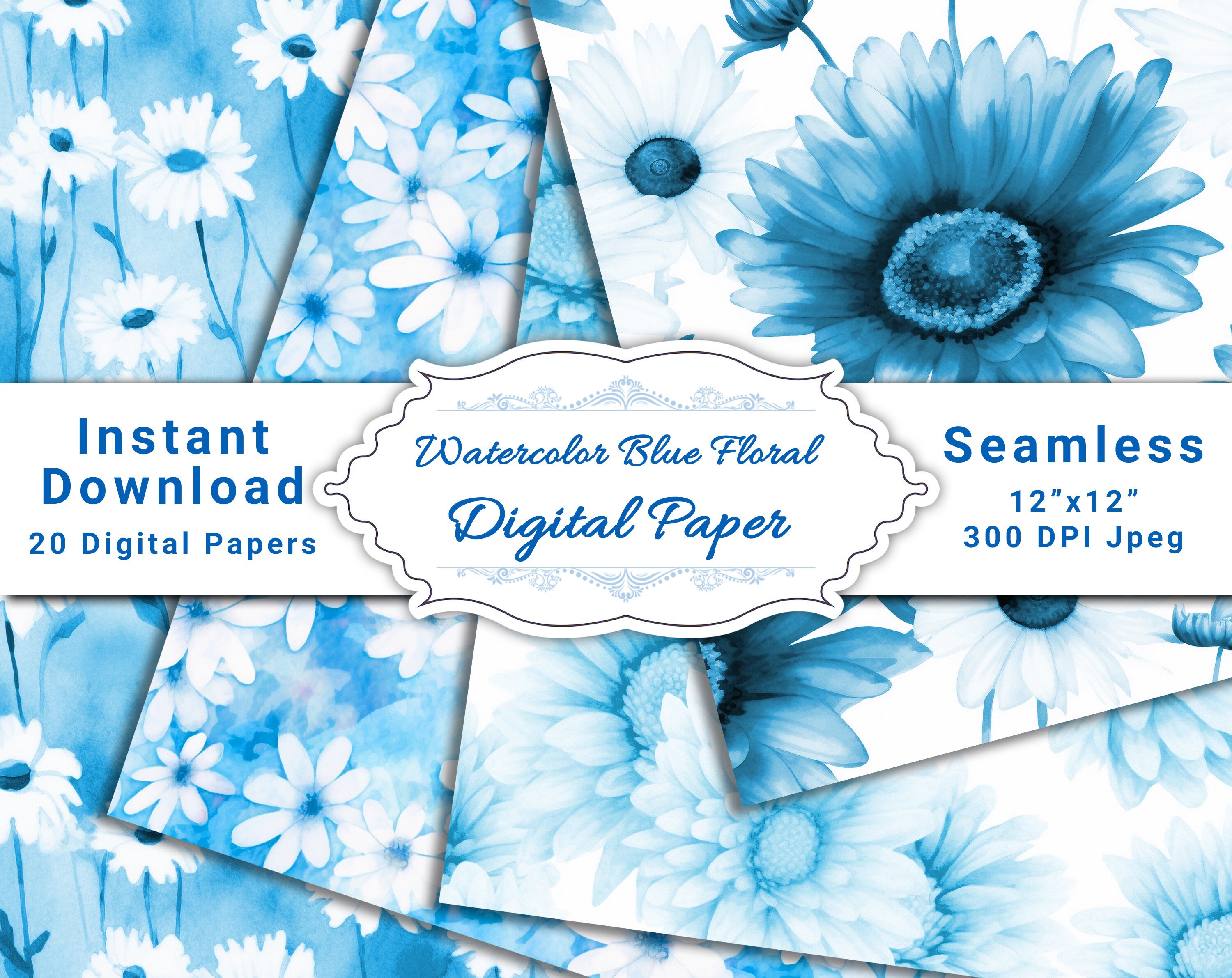 Watercolor Blue Floral Digital Paper, Watercolor Flower Backgrounds ...