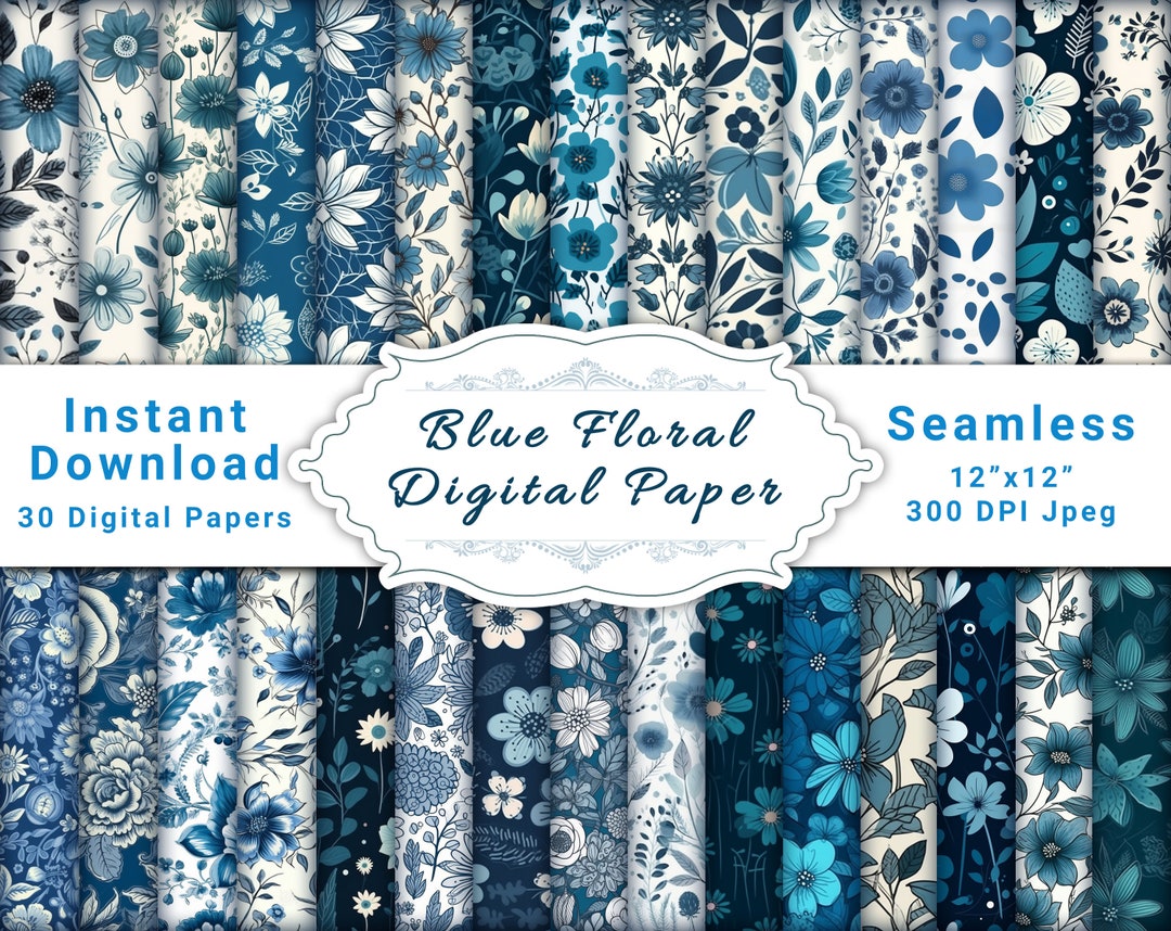 Floral Blue Digital Paper, Blue Background, Printable Digital Scrapbook ...