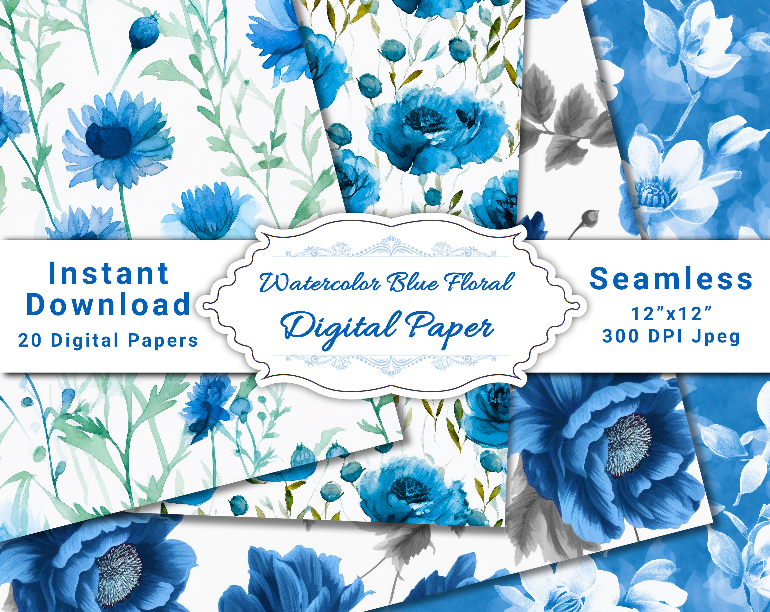 Watercolor Blue Floral Digital Paper, Watercolor Flower Backgrounds ...