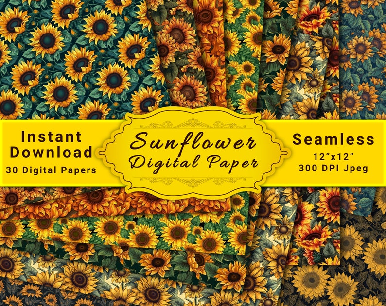 Sunflower Digital Paper, Printable Papers, Digital Scrapbook Paper ...