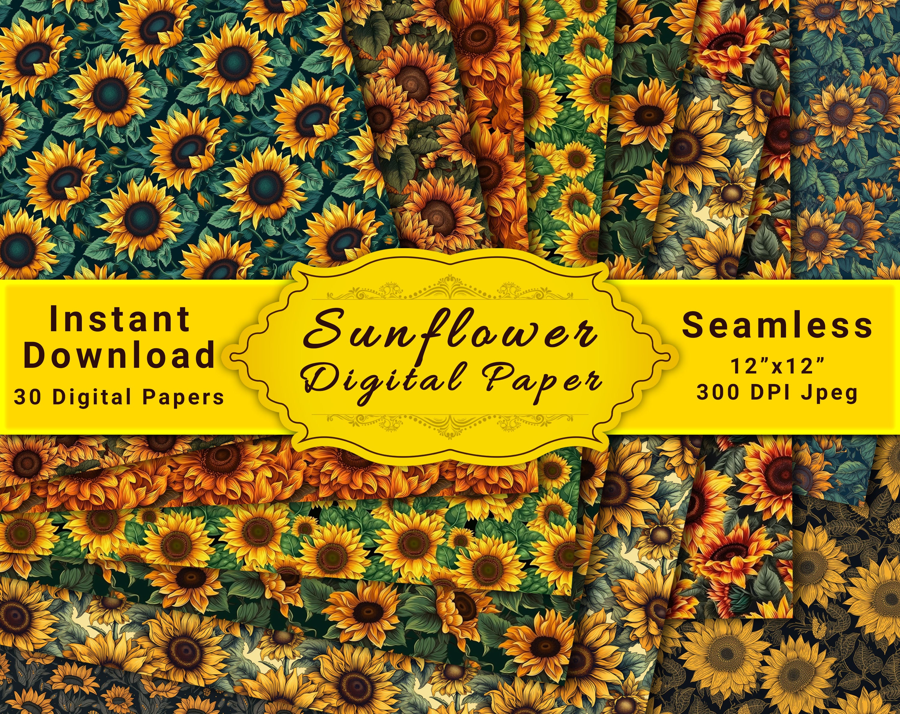 Sunflower Digital Paper, Printable Papers, Digital Scrapbook Paper ...