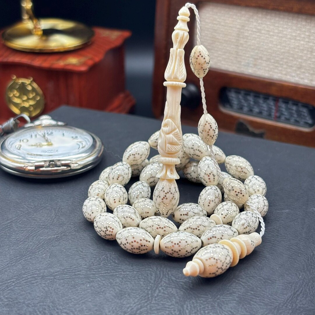 Ivory Prayer Beads,silver Embroidered Ivory,carved Imame Ivory,33 Beads ...