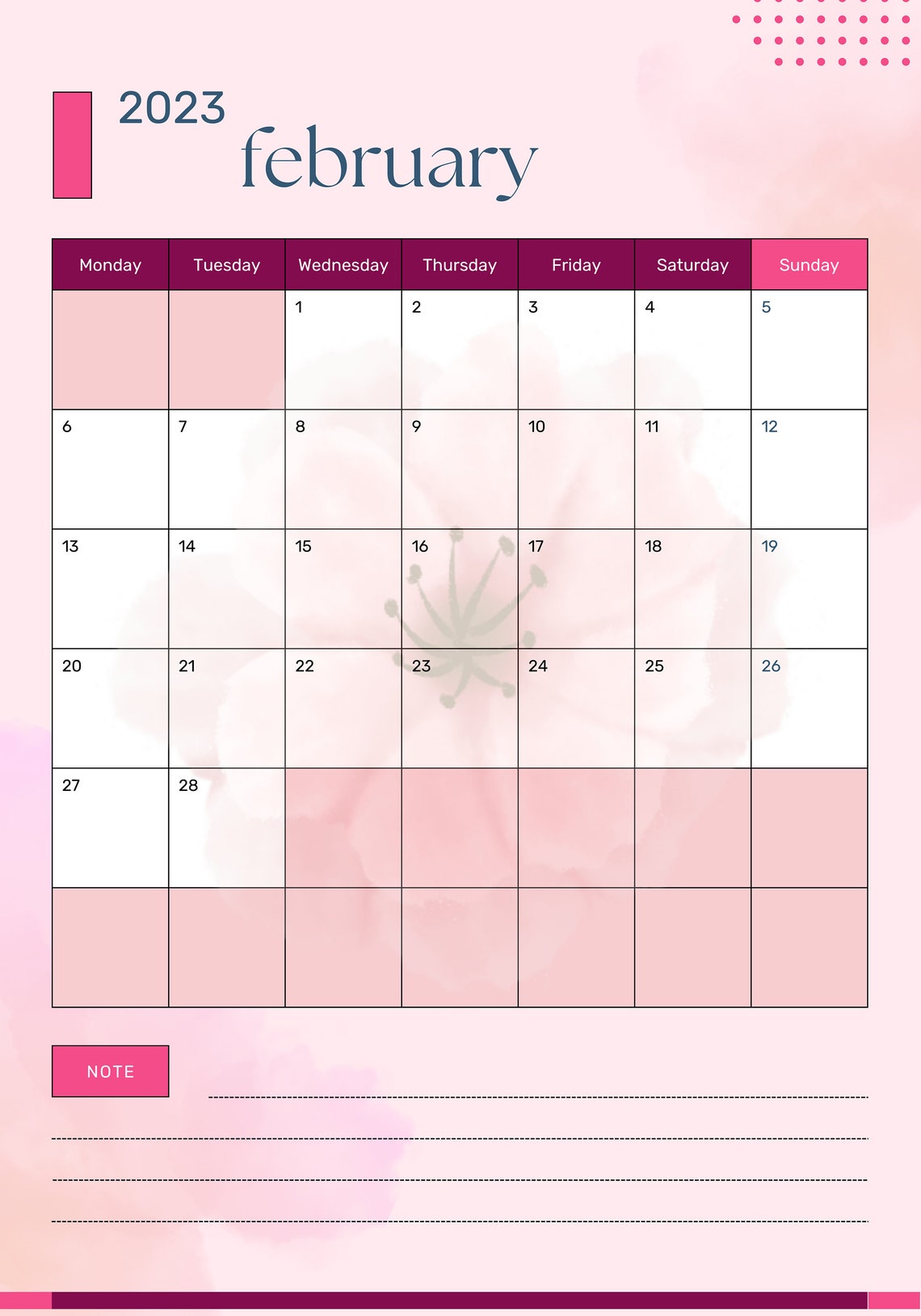 2023 Watercolor Pink Floral Calendar | Printable Vertical Pages Monthly ...