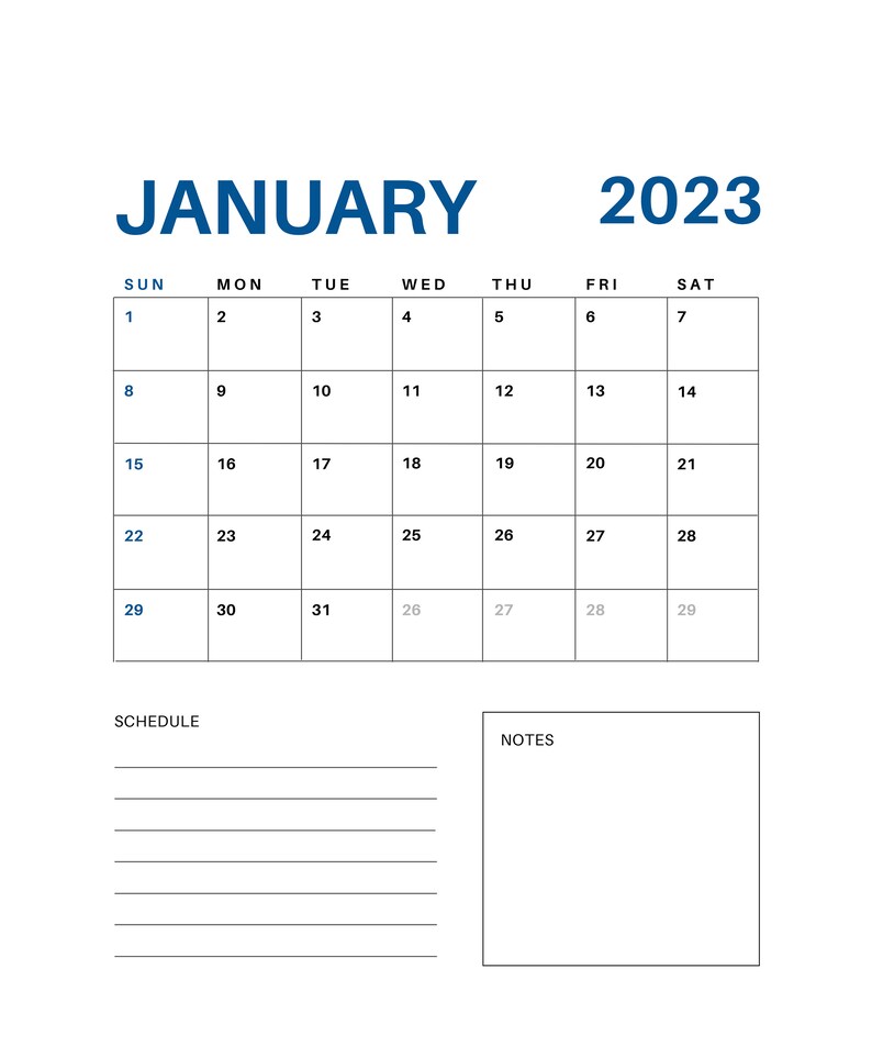2023 Blue Printable Calendar | Printable Vertical Pages Monthly ...