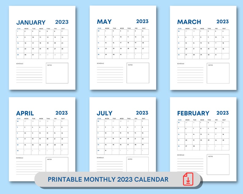 2023 Blue Printable Calendar | Printable Vertical Pages Monthly ...