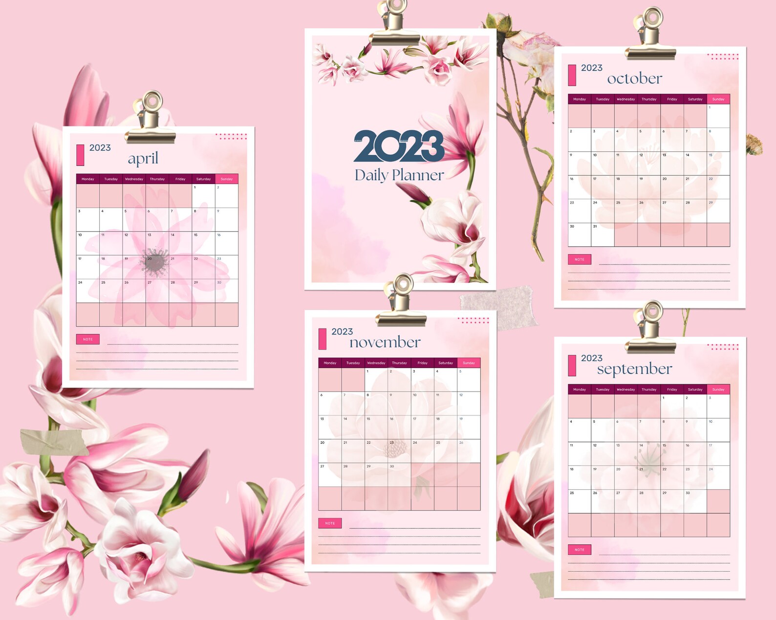 2023 Watercolor Pink Floral Calendar | Printable Vertical Pages Monthly ...