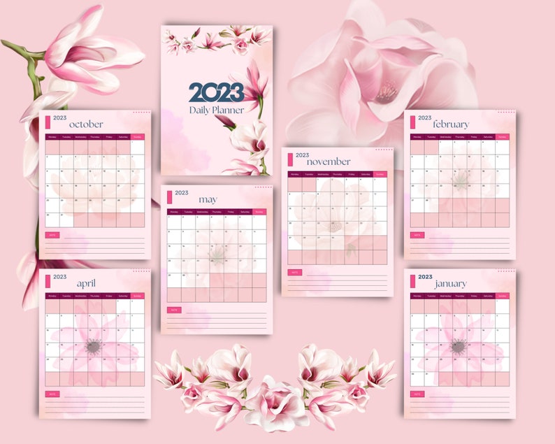 2023 Watercolor Pink Floral Calendar | Printable Vertical Pages Monthly ...