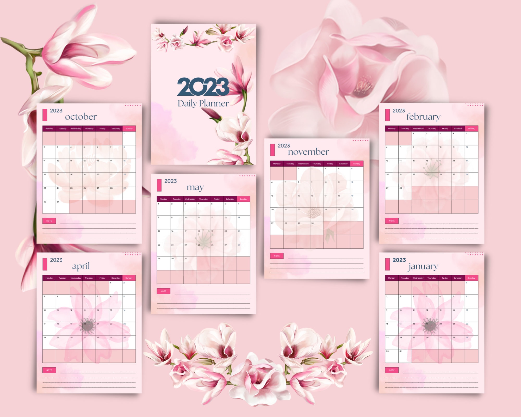 2023 Watercolor Pink Floral Calendar | Printable Vertical Pages Monthly ...