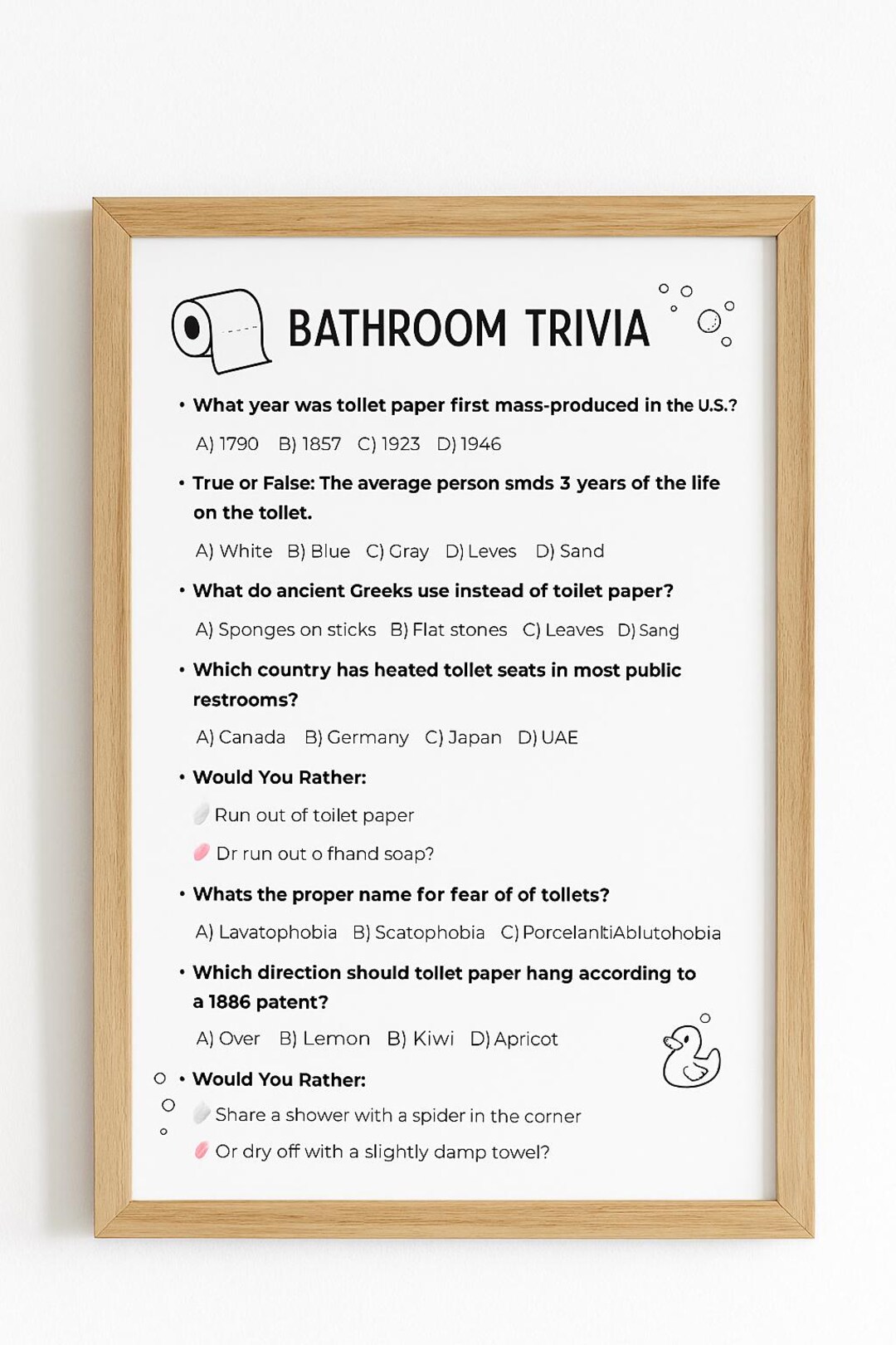 Funny Bathroom Trivia | Printable Bathroom Game | Guest Restroom Sign ...