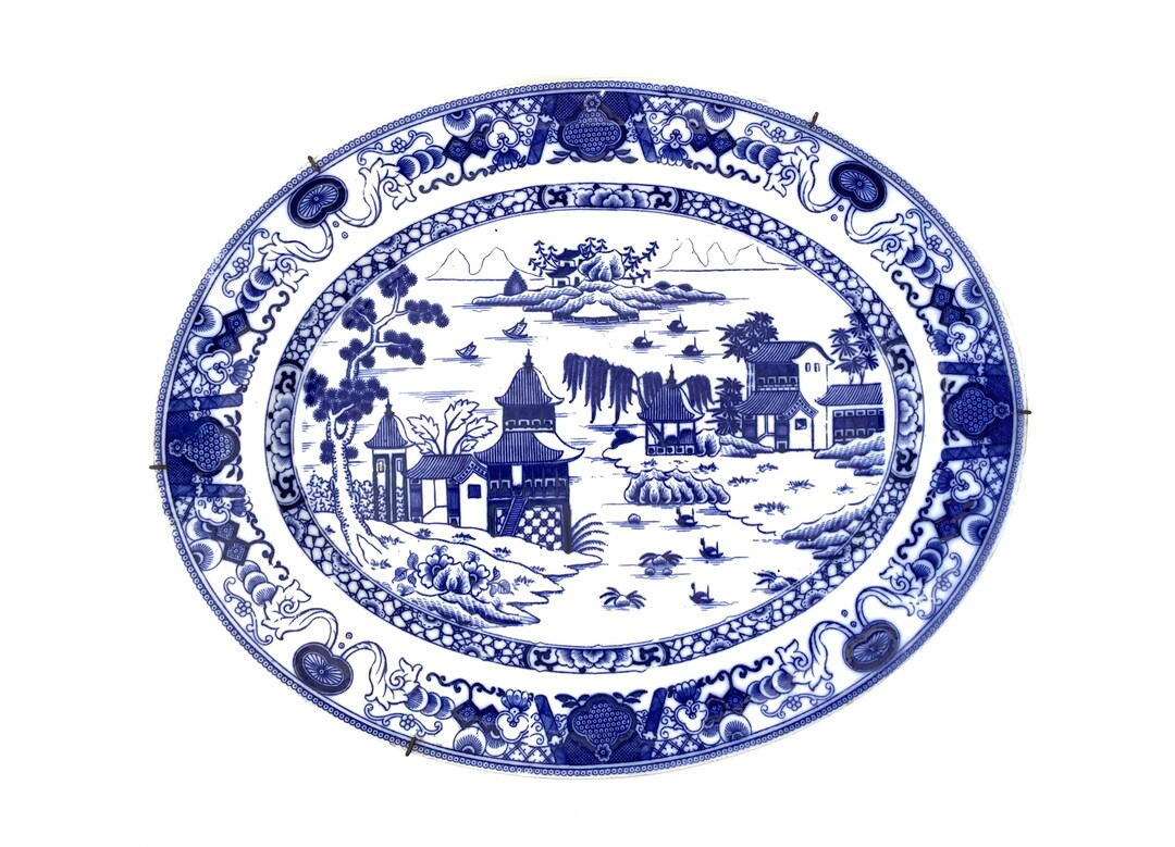 Large Antique Early Flow Blue and White Transferware Transfer Ware ...