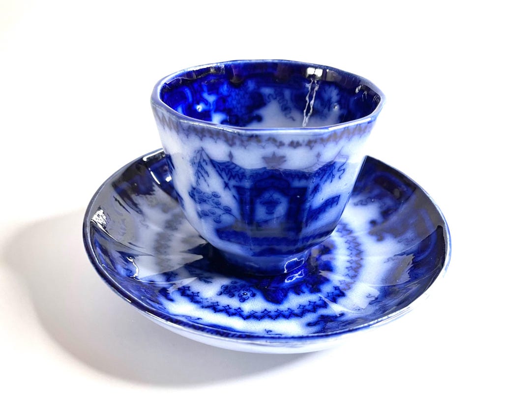 Antique T.J. and J. Mayer Oregon Flow Blue & White Transferware Cup and ...