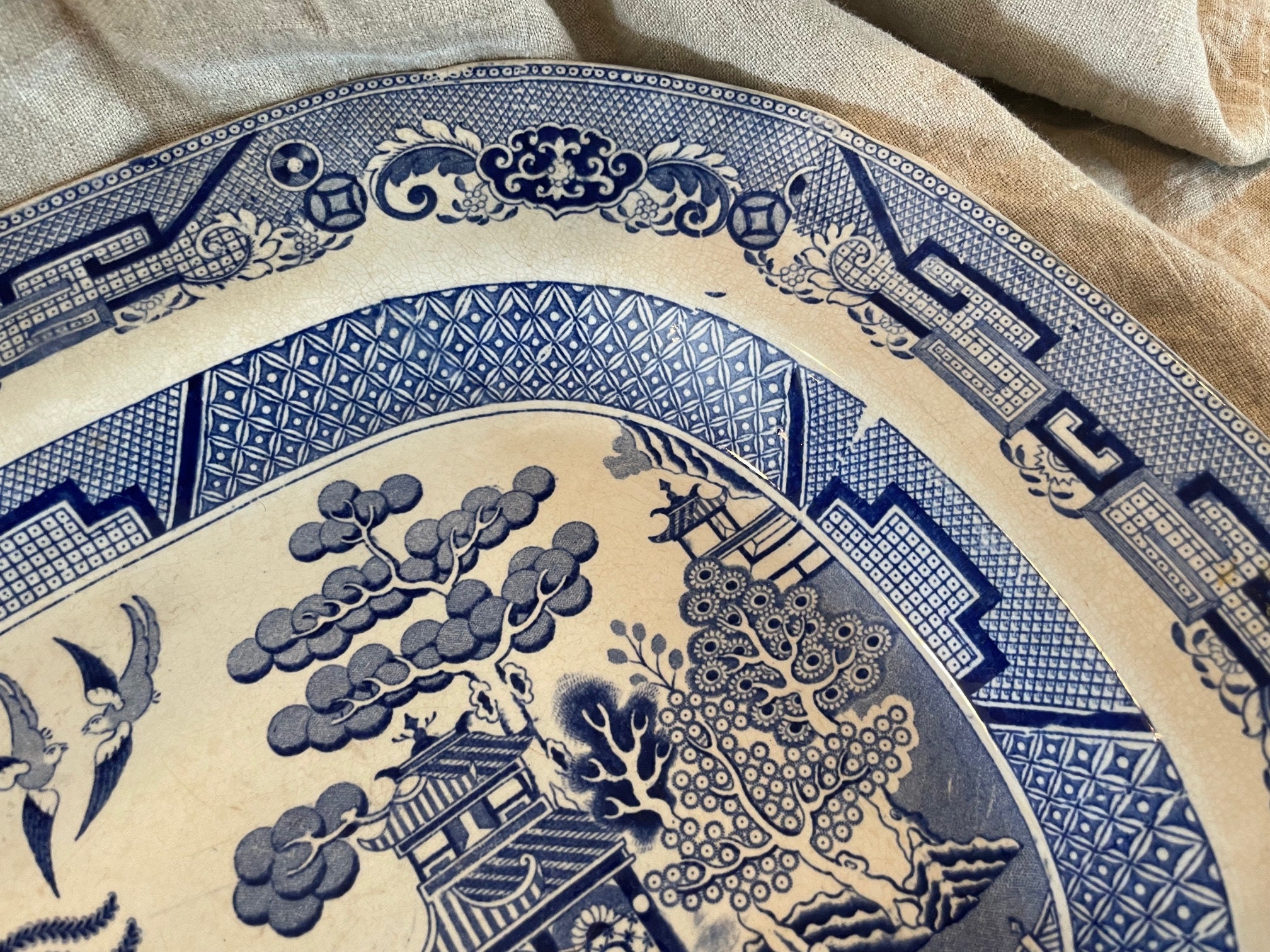 1800's Large Antique English Blue & White Willow Pattern Transferware ...