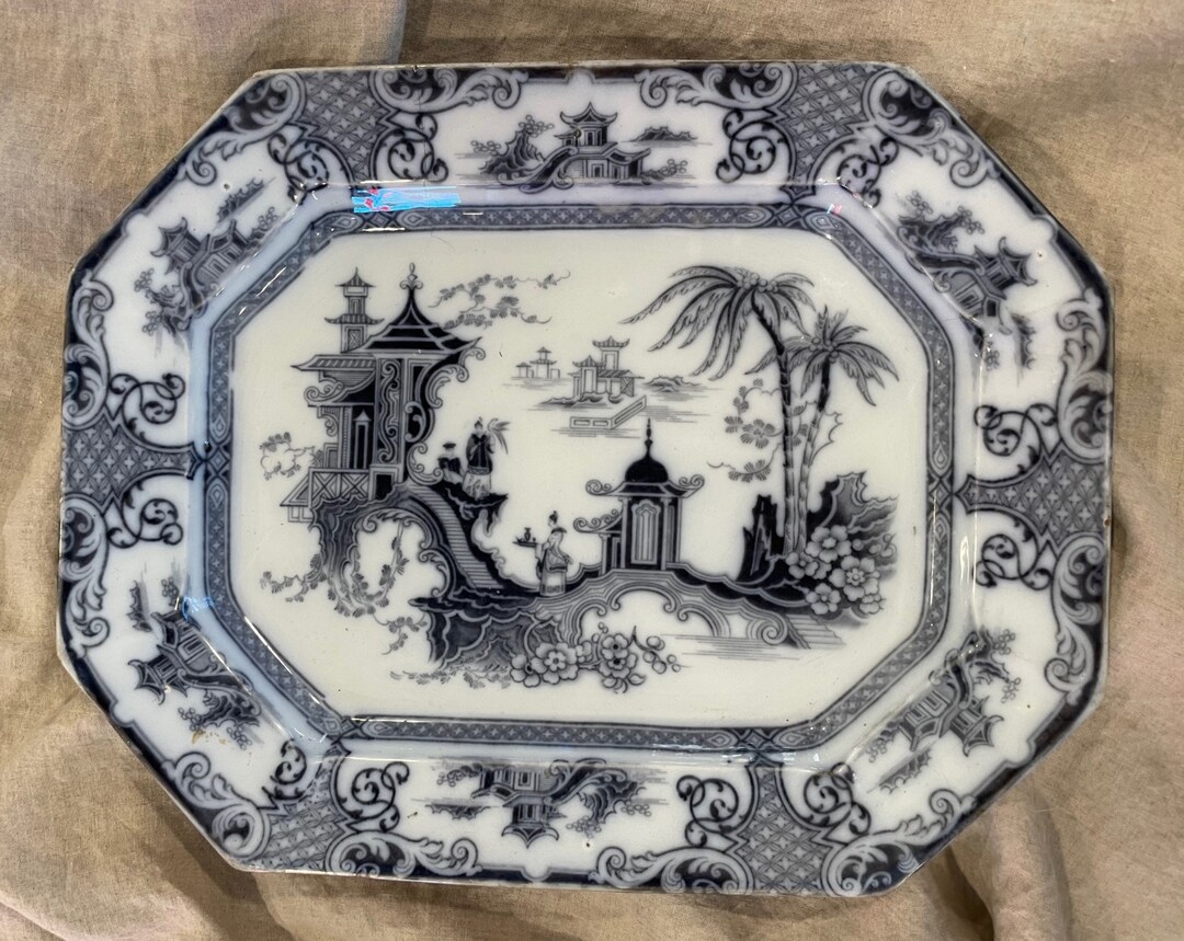 Large Black & White Antique Ironstone Platter 17 X 13" Ning-po Pattern ...