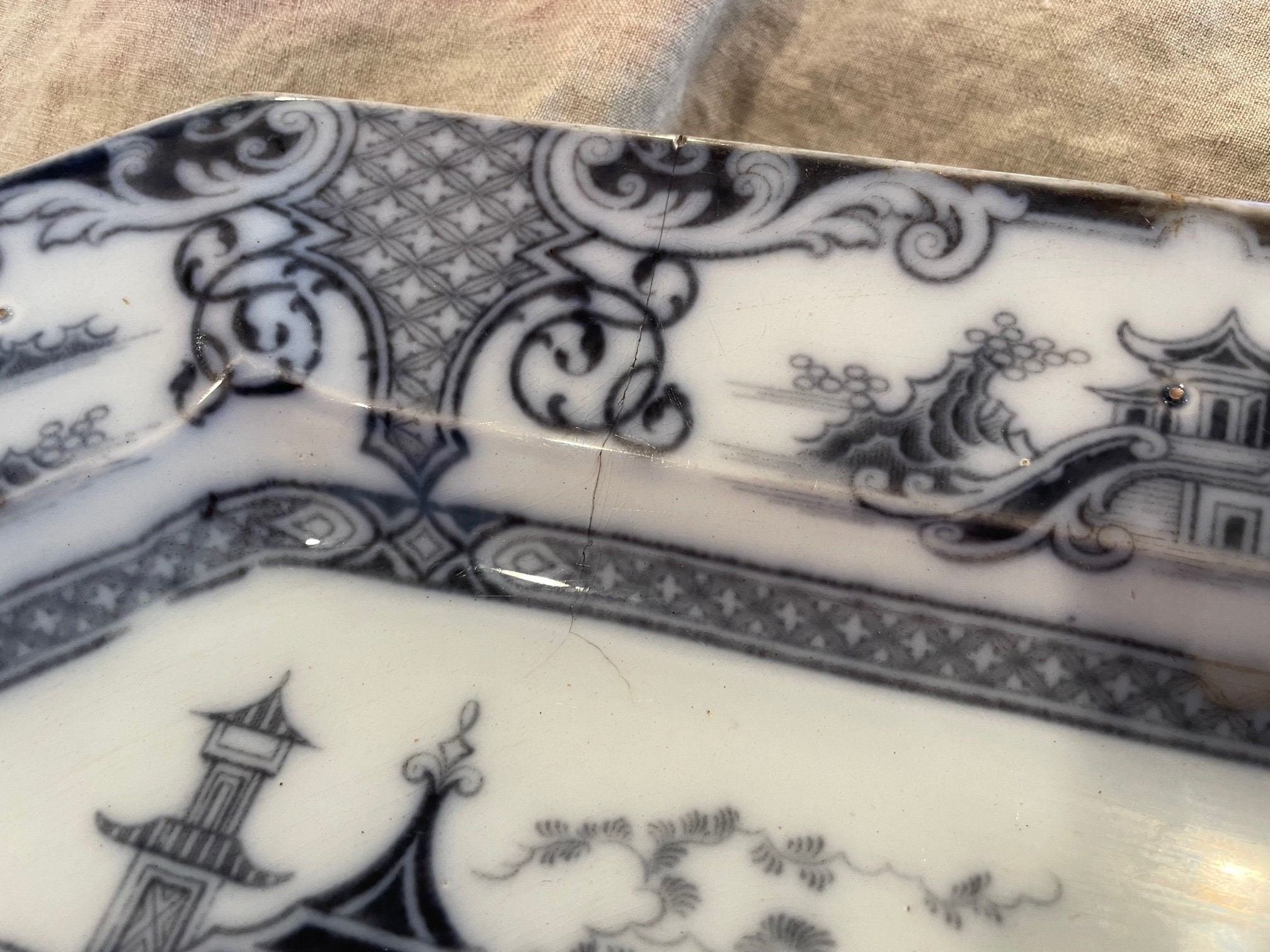 Large Black & White Antique Ironstone Platter 17 X 13 Ning-po Pattern ...
