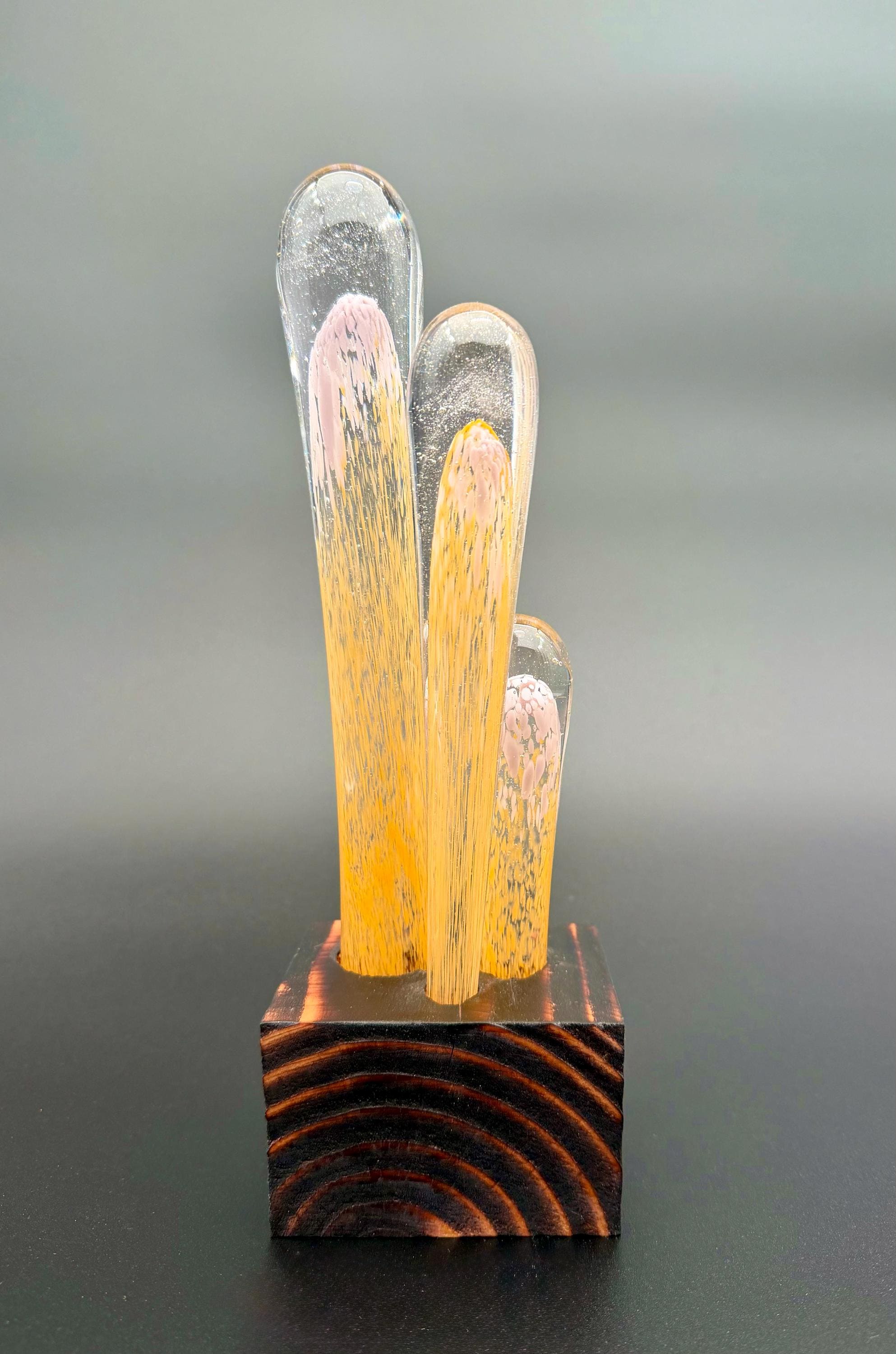 Glass Succulent Sculpture – Orange/pink Abstract Cactus Form on Charred ...