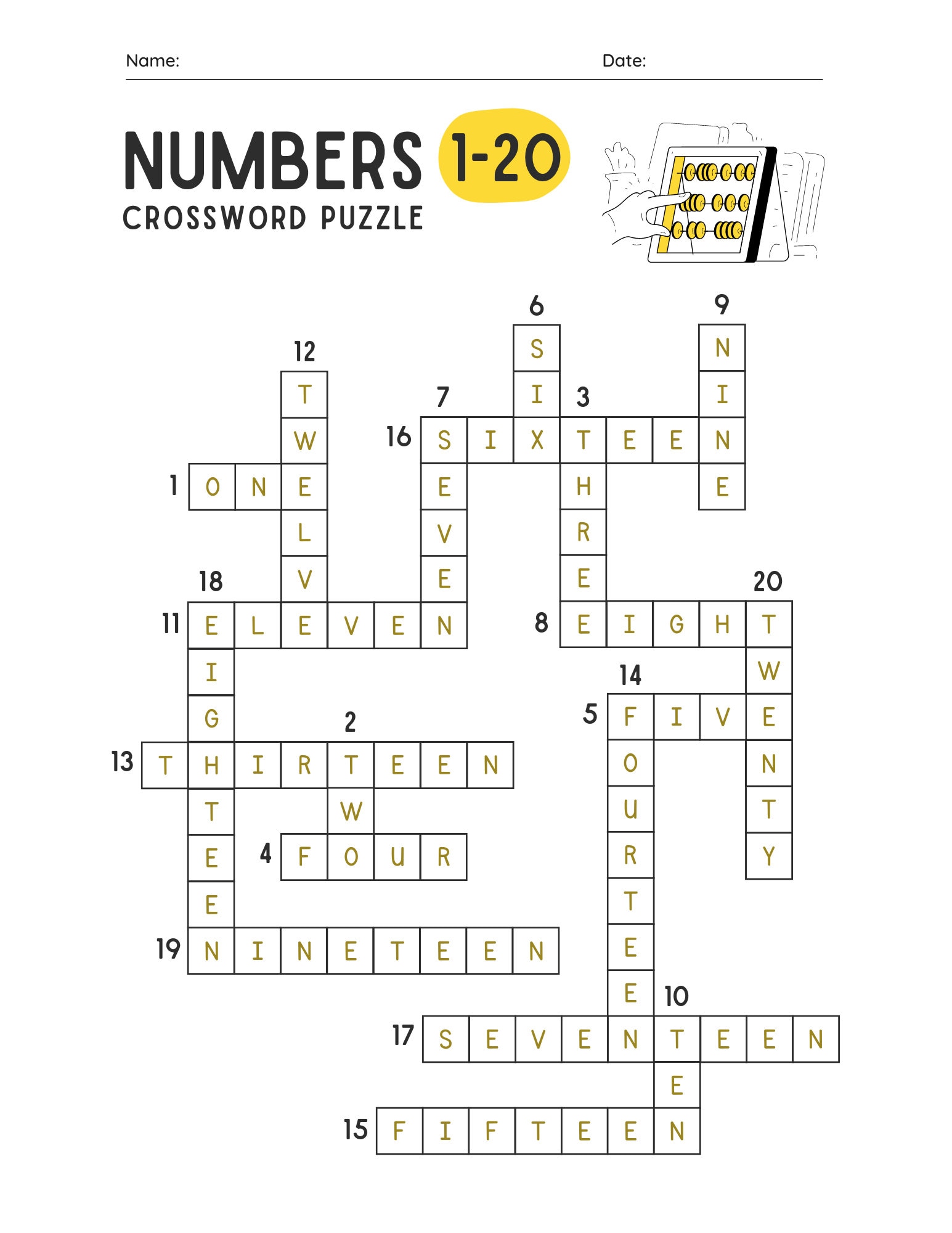 Numbers (1-20) Crossword Puzzle - Etsy