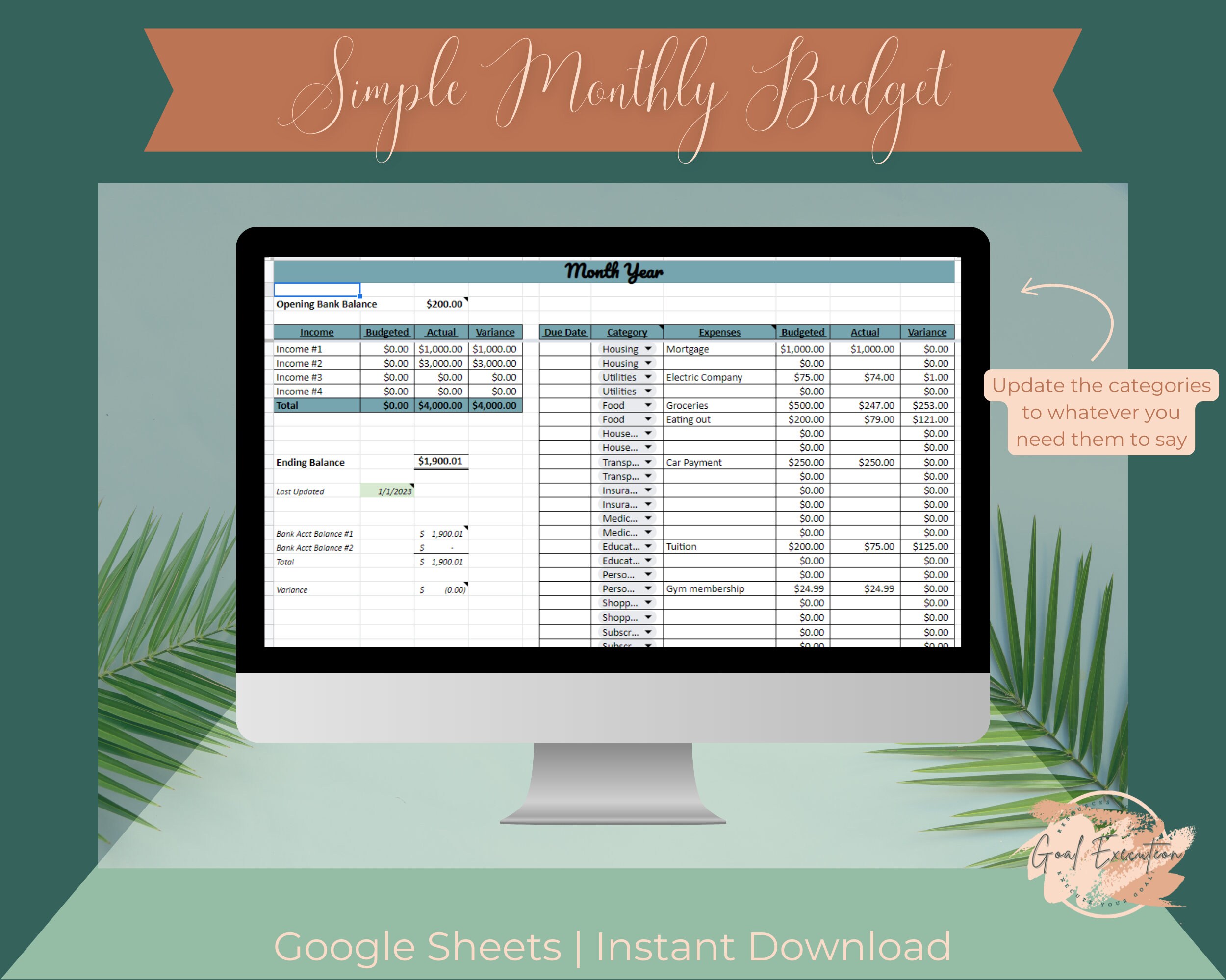 SIMPLE Monthly Budget Template - Etsy