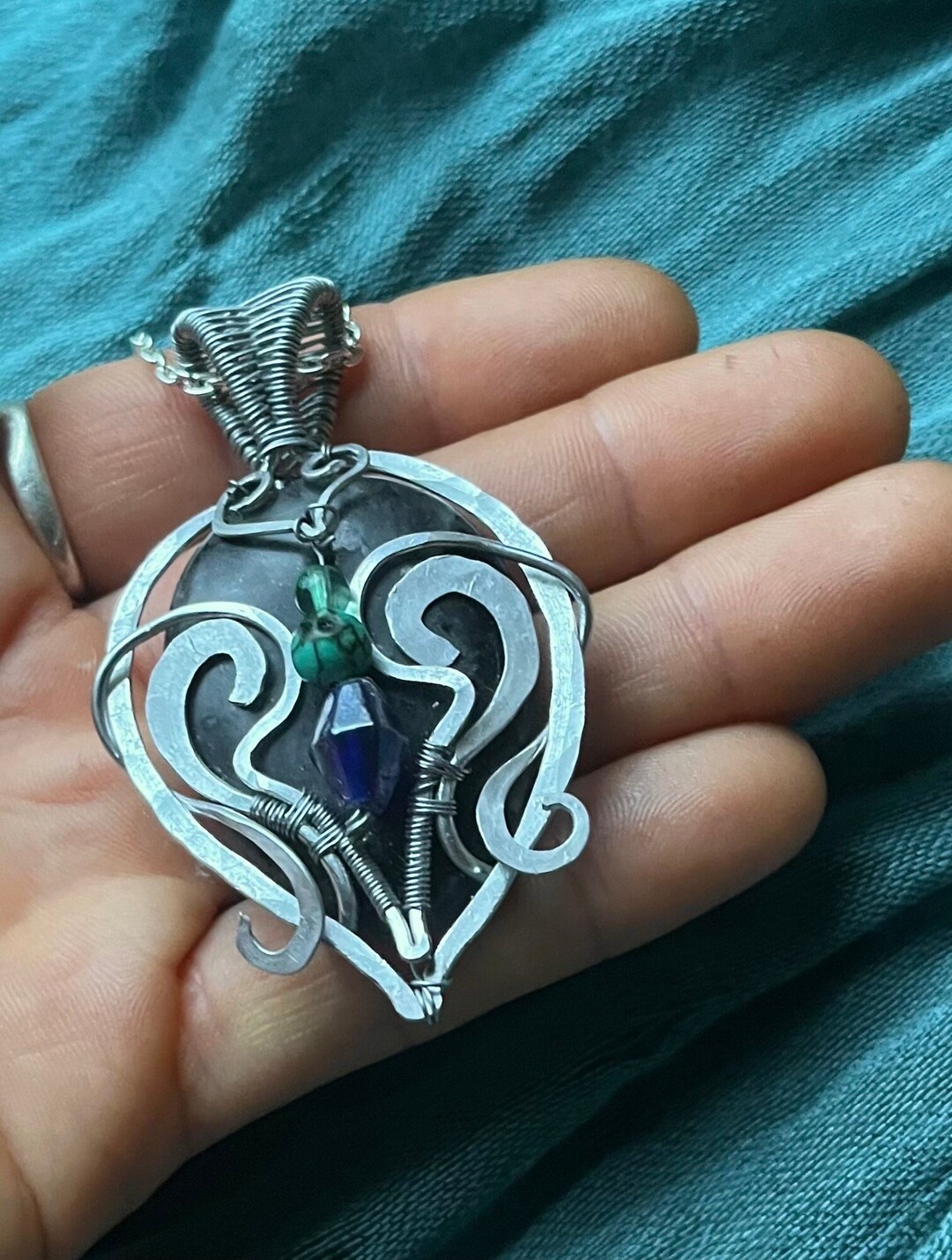 Tribal Talisman With Silver Swirls, Hammered & Woven Wire, Bead Accents ...