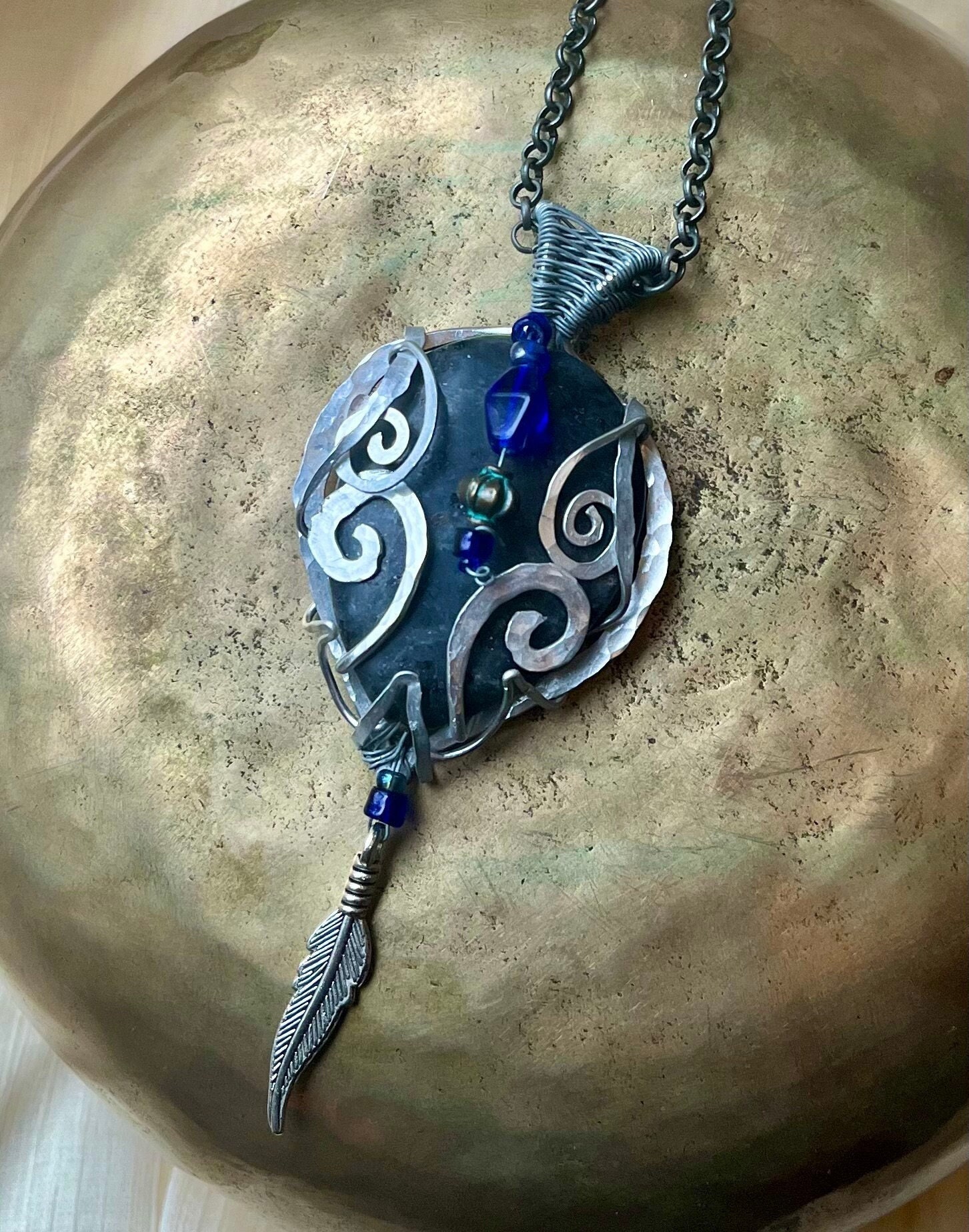 Tribal Talisman With Silver Swirls, Hammered & Woven Wire, Bead Accents ...