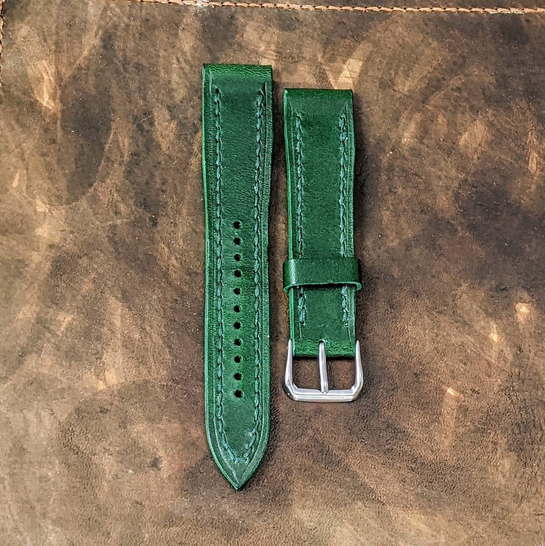 20mm Green Leather Watch Strap Hand Stitched Leather Watch Band Green ...