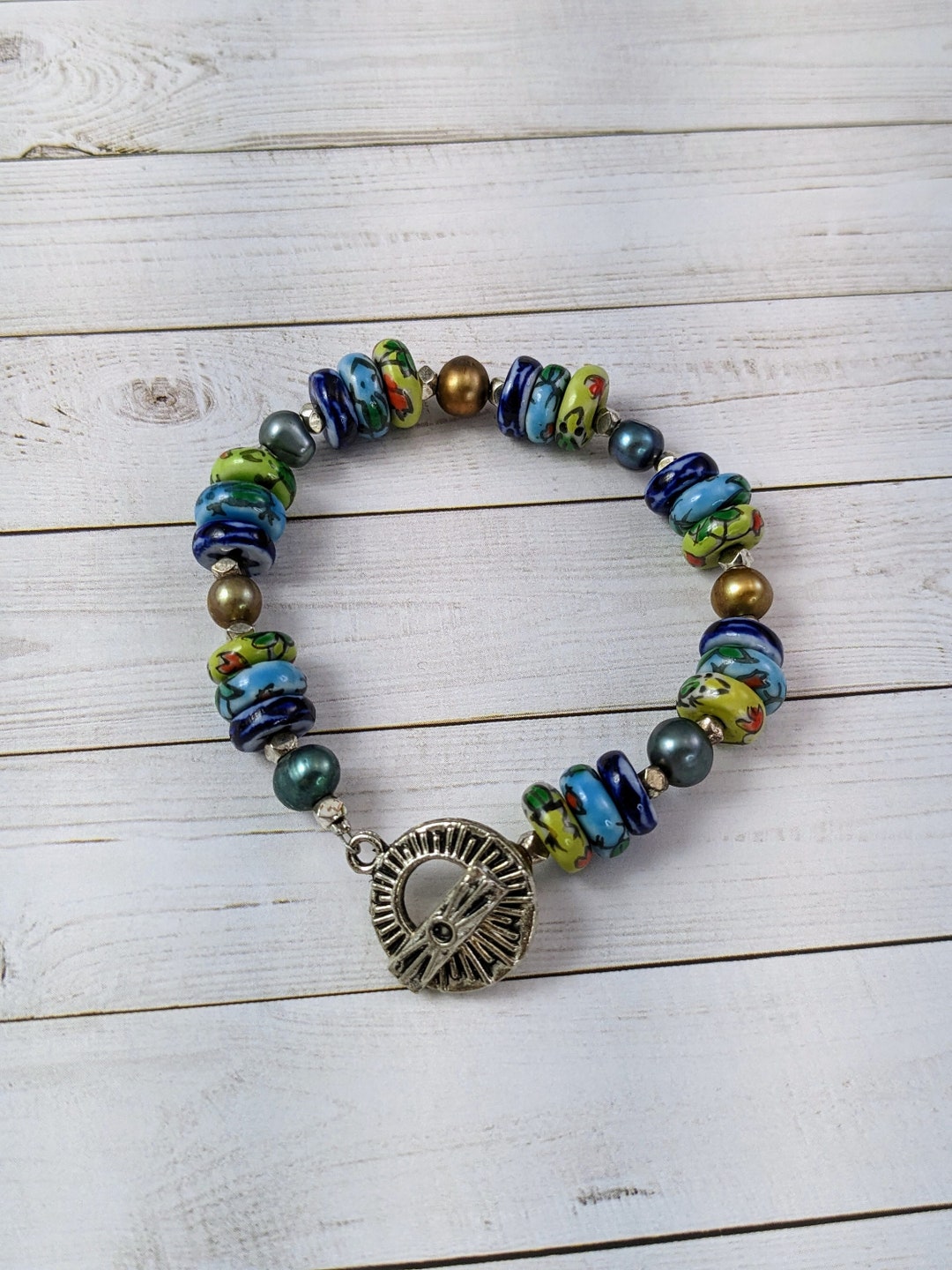 Floral Ceramic and Freshwater Pearl Bracelet | Colorful Spring Bracelet ...