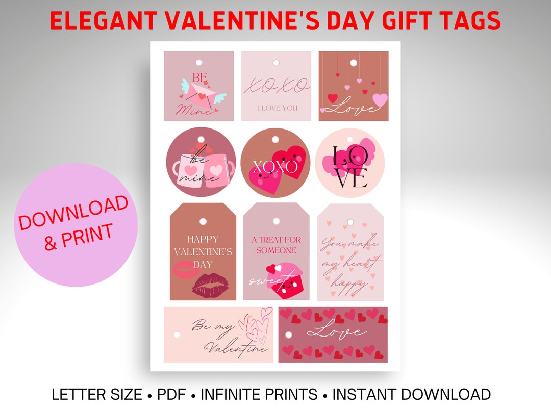 Valentines Day Gift Tags. Printable PDF. Gift Bag Tags for Valentines ...