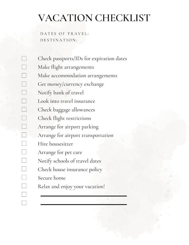Printable Travel List, Travel Checklist, Vacation Checklist, Vacation ...