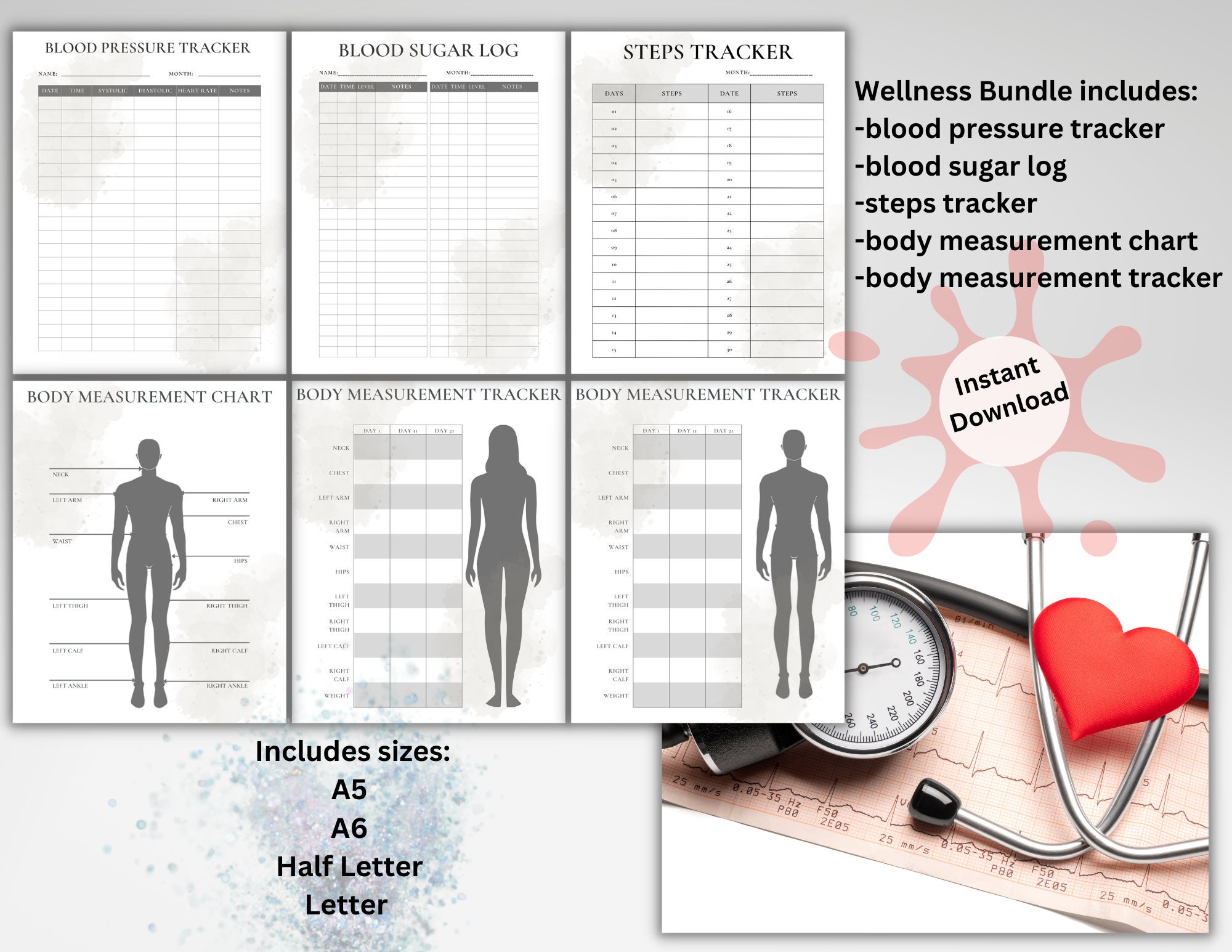 Printable Wellness Tracker, Body Measurement Tracker, Blood Pressure ...