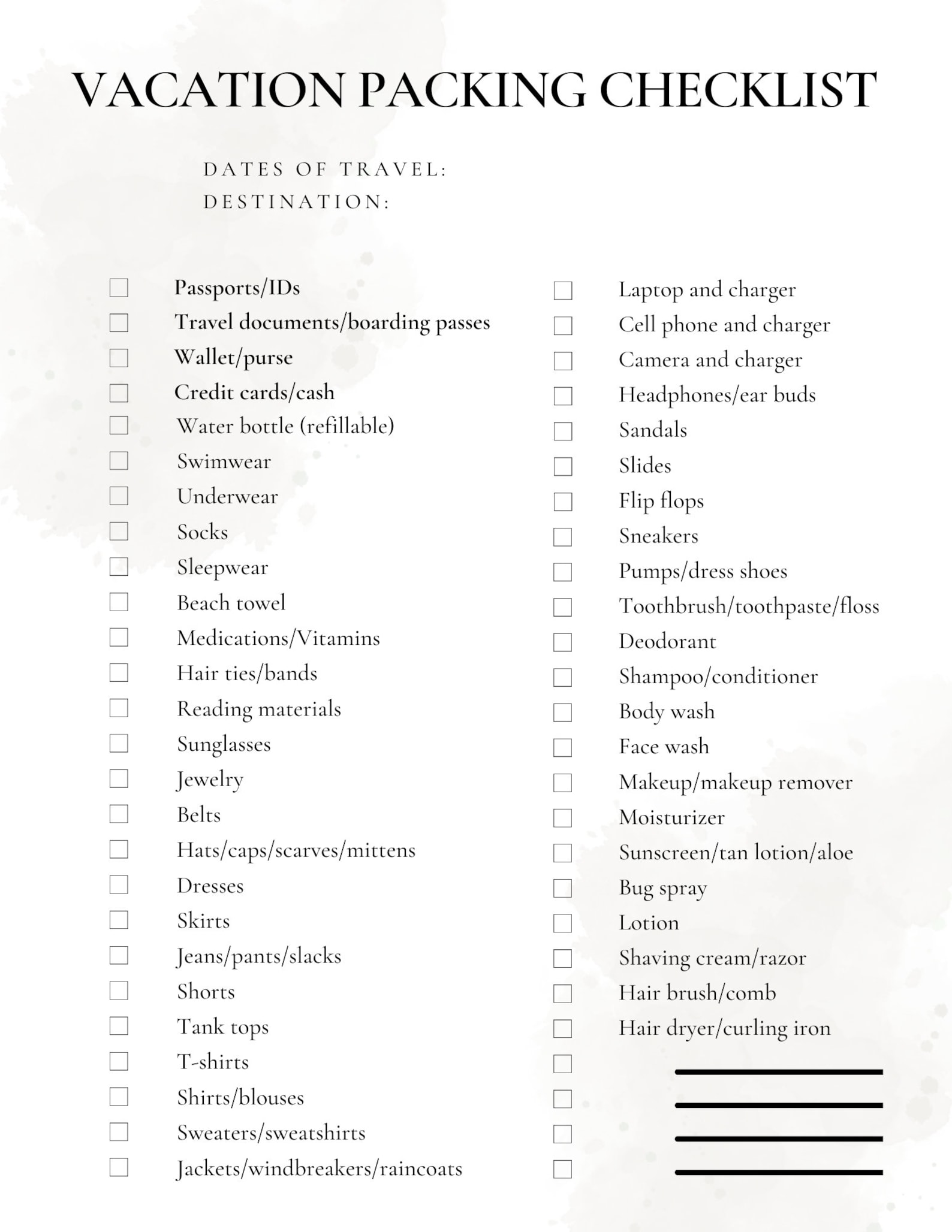 Printable Travel List, Travel Checklist, Vacation Checklist, Vacation ...