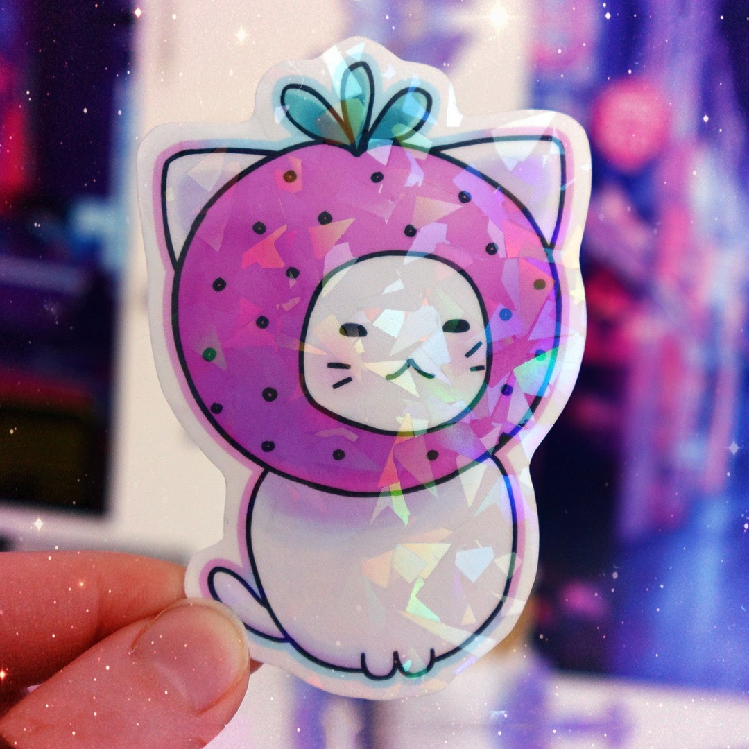 Holographic Strawberry Cat Sticker, Cute Cat With Strawberry Hat ...