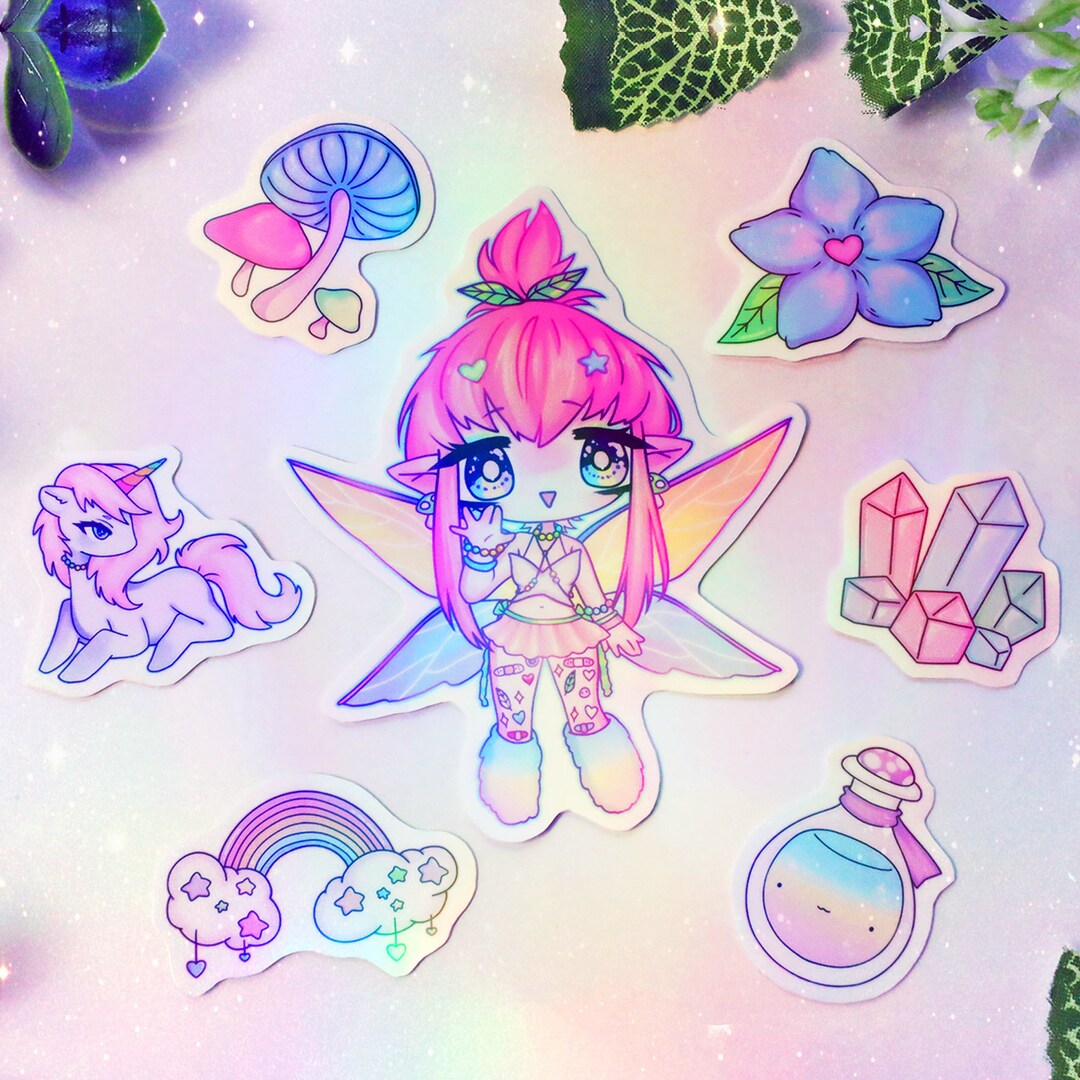 Holographic Kawaii Rainbow Fairy Sticker Pack 7 Pcs, Holographic ...
