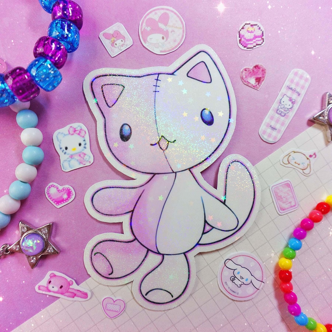 Kawaii Pink Cat Plushie Sticker, Cat Holographic Sticker, Kawaii Cat ...