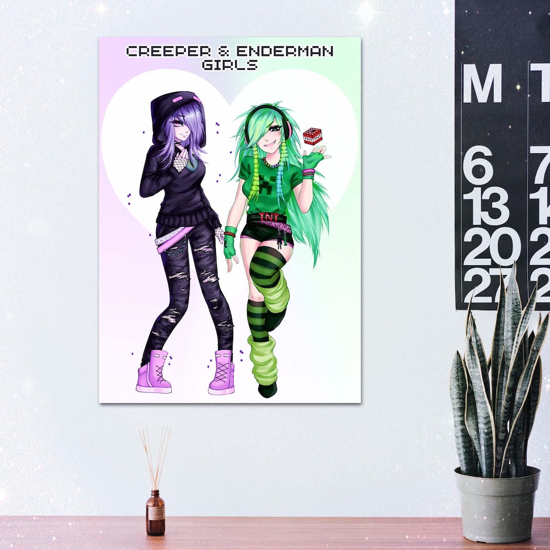 Creeper and Enderman Girls Minecraft Art Print | Scene Emo Girl Art ...