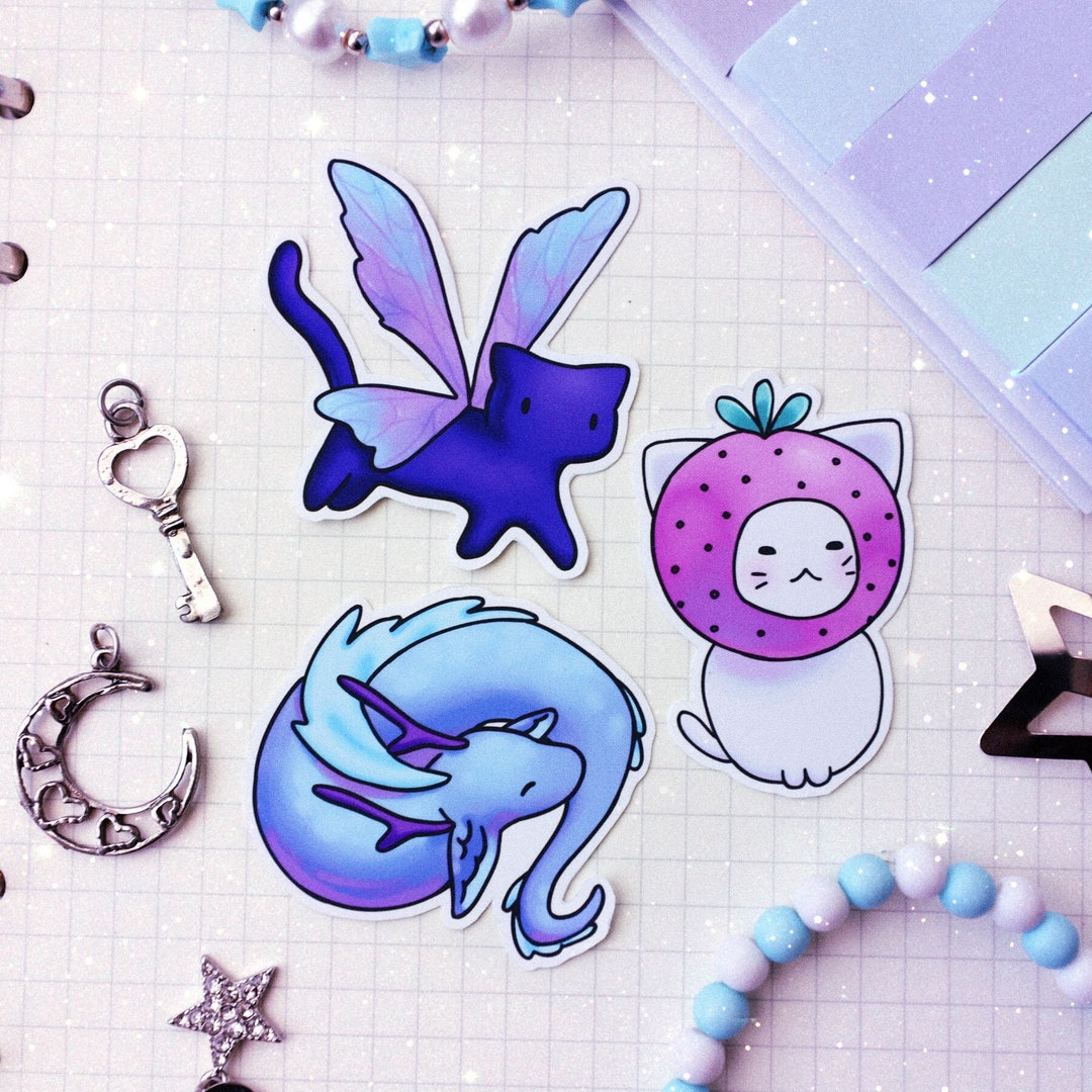 Fairycore Cat Stickers: Kawaii Fantasy Pack (3) - Waterproof Matte ...