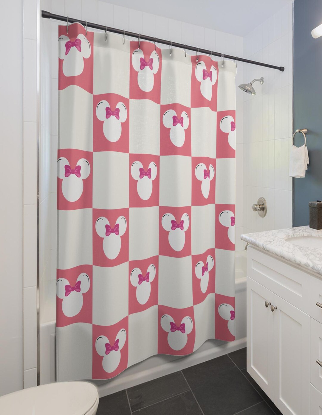Minnie Mouse Pink Checkerboard Shower Curtain, Disney Bathroom Decor ...