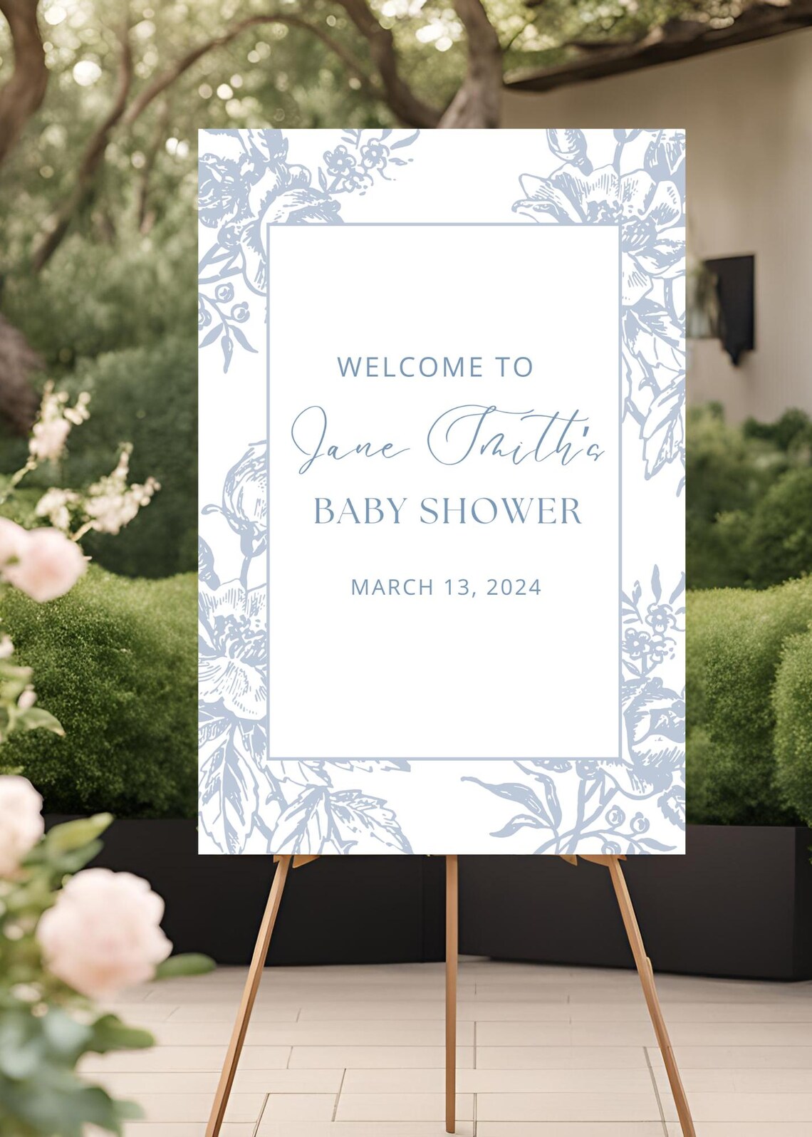 EDITABLE Blue Toile Welcome Sign, Blue Floral Baby Shower Welcome Sign ...