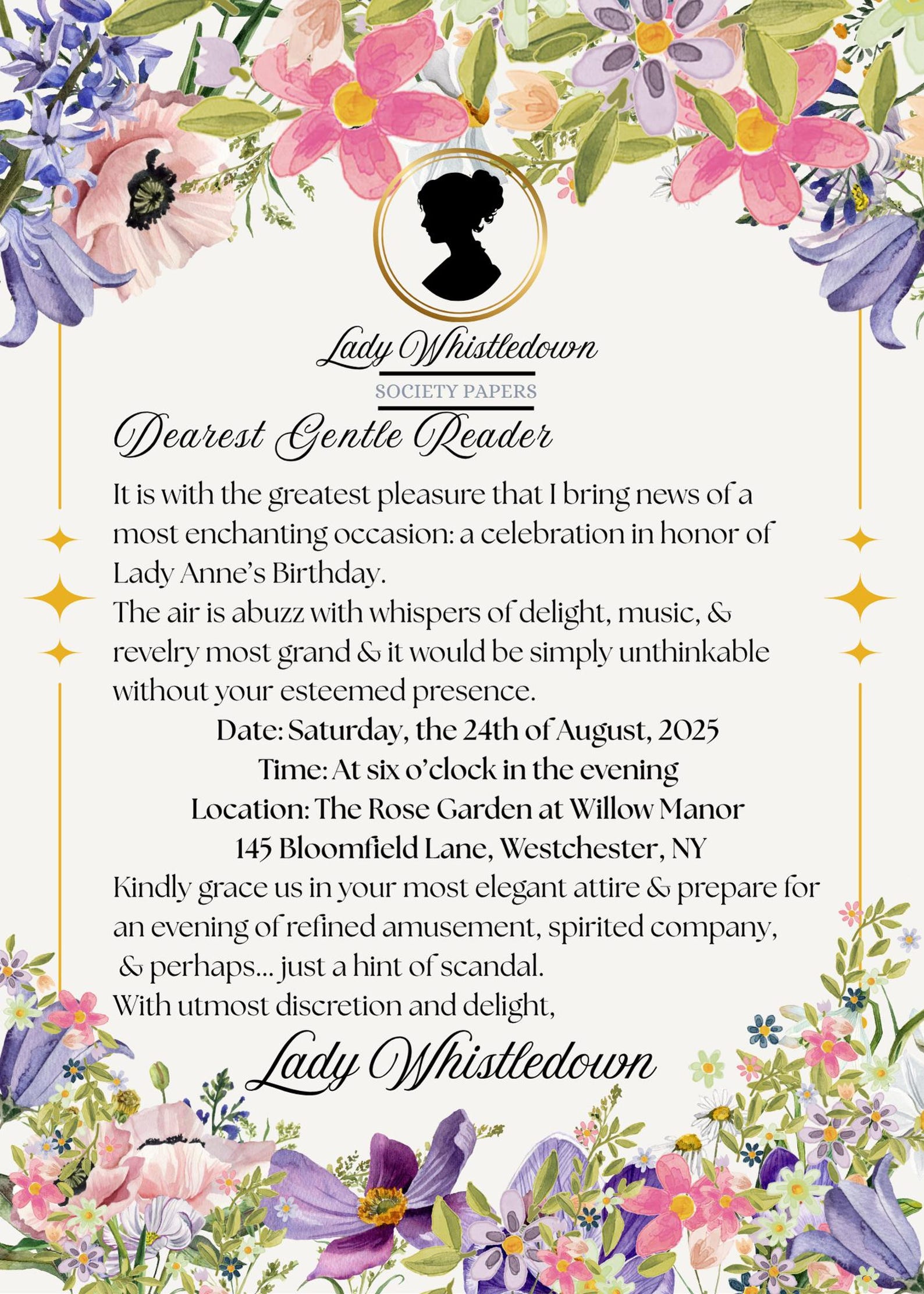 Lady Whistledown Birthday Invitation: Bridgerton Society Papers ...