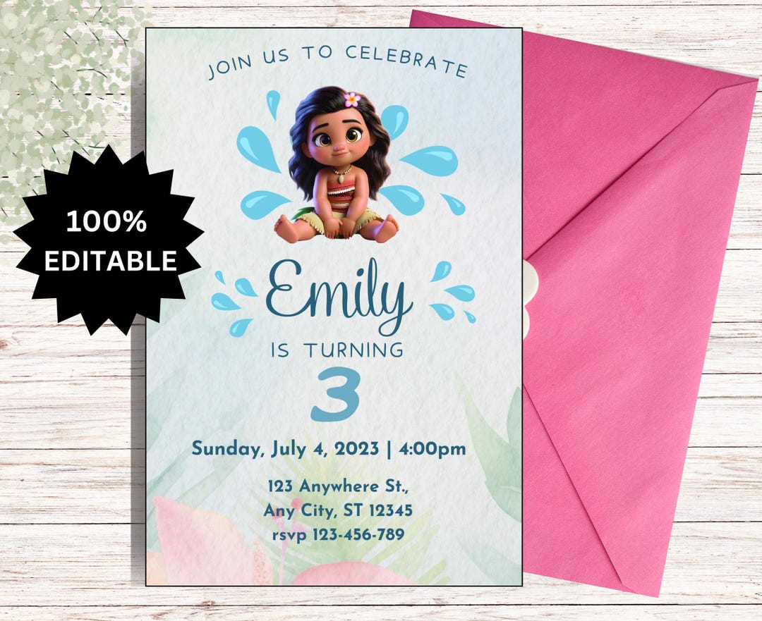 EDITABLE Baby Moana Birthday Invite, Printable Baby Moana Birthday ...