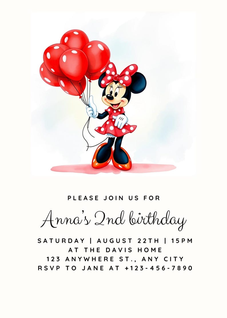 EDITABLE Minnie Mouse Birthday Invite, Printable Minnie Birthday ...