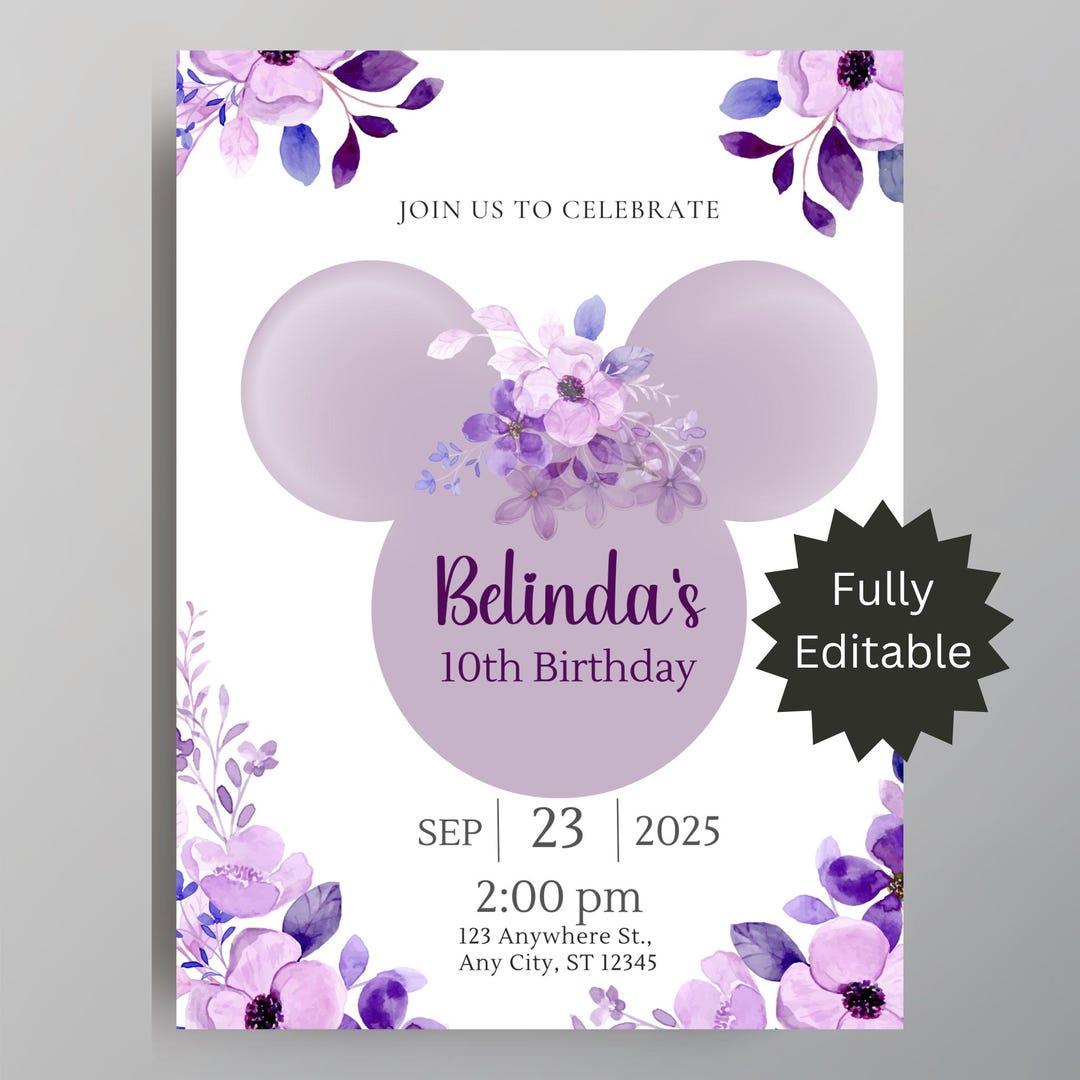EDITABLE Disney Birthday Invitation, Lavendar Birthday, Disney Theme ...
