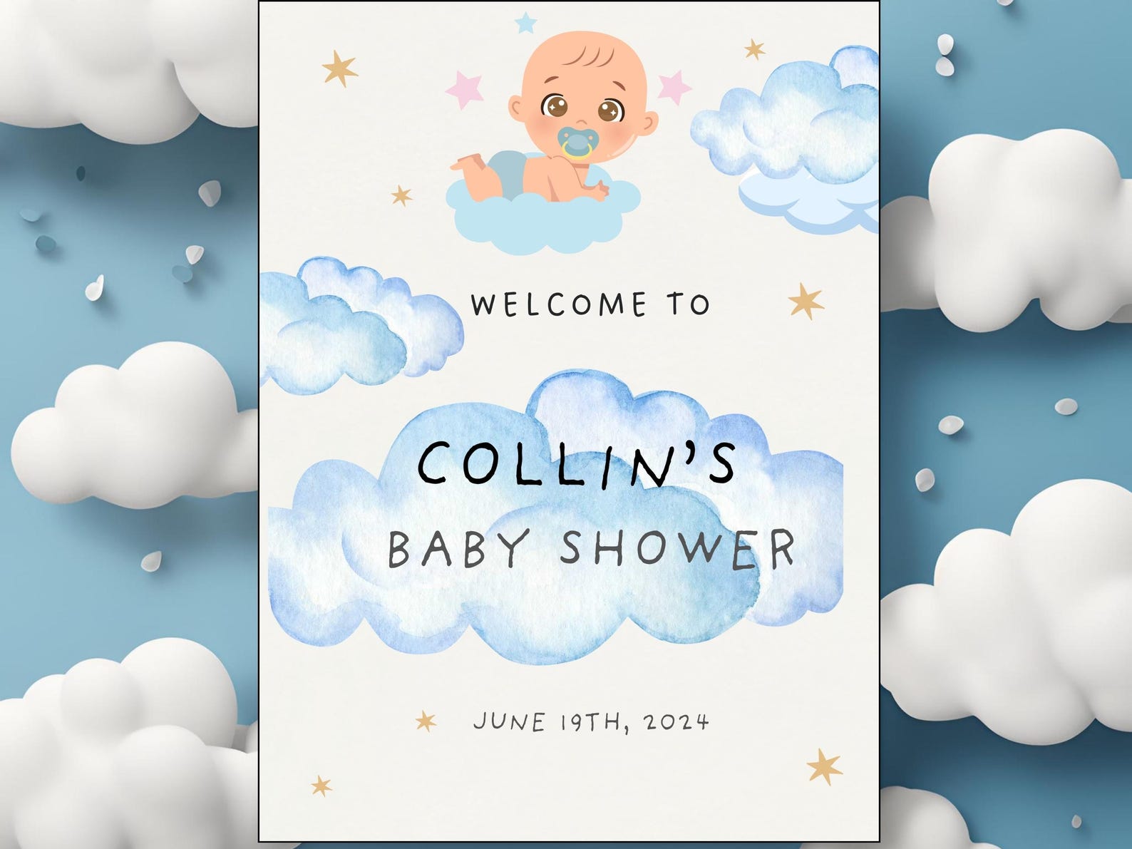 EDITABLE Blue Cloud Welcome Sign for Baby Shower, Modern Minimalist ...