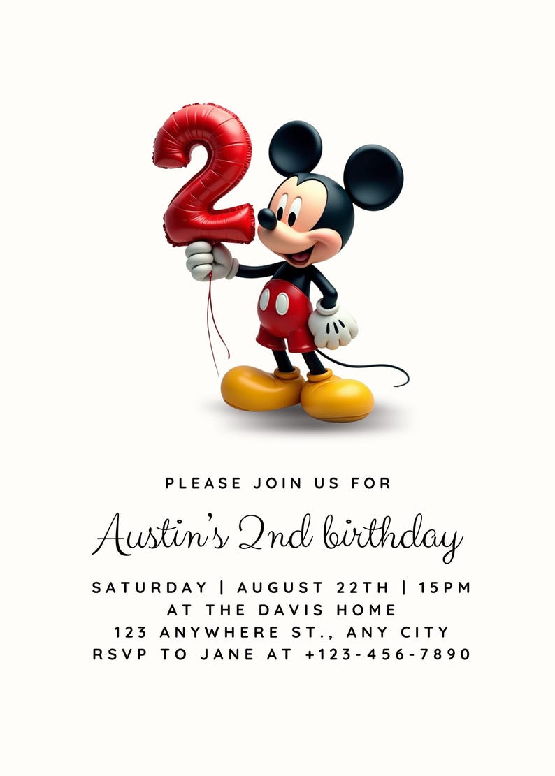 Mickey Mouse 2nd Birthday Invitation: Editable Template (digital ...