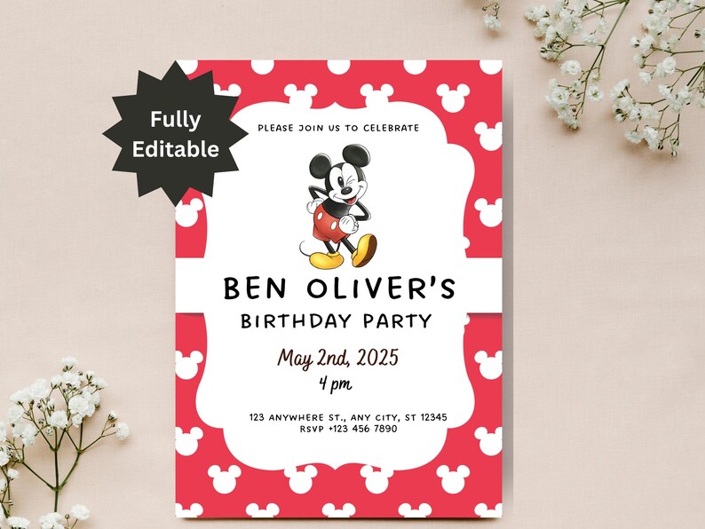 EDITABLE Mickey Mouse Birthday Invite, Printable Mickey Birthday ...