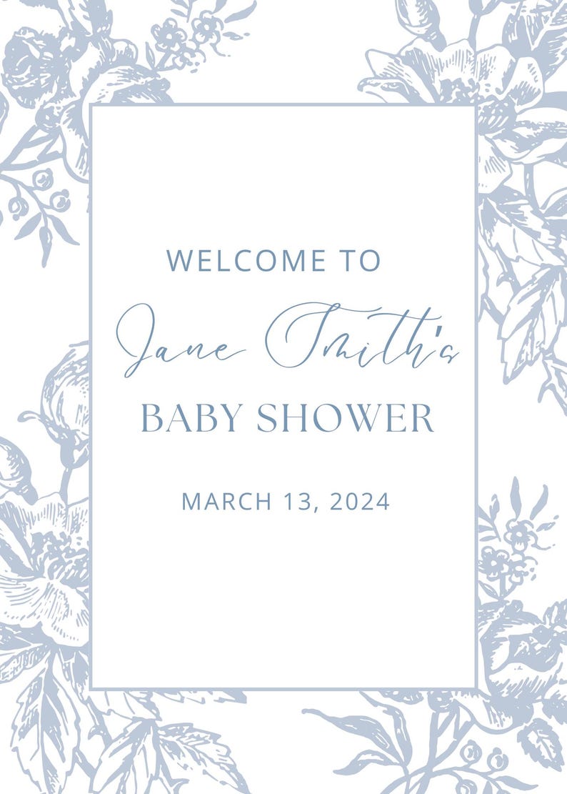 EDITABLE Blue Toile Welcome Sign, Blue Floral Baby Shower Welcome Sign ...