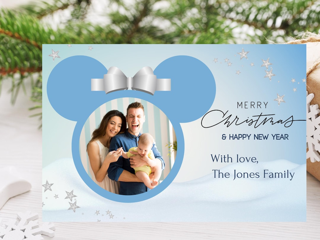 EDITABLE Disney Blue Xmas Card, Very Merry Mickey Christmas Card ...