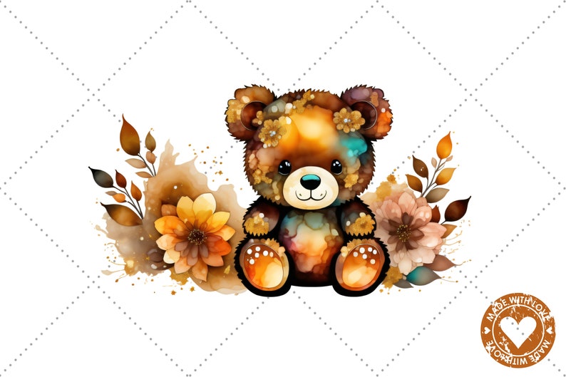 Abstract Teddy Bear Clipart PNG Burnt Orange and Gold Floral - Etsy