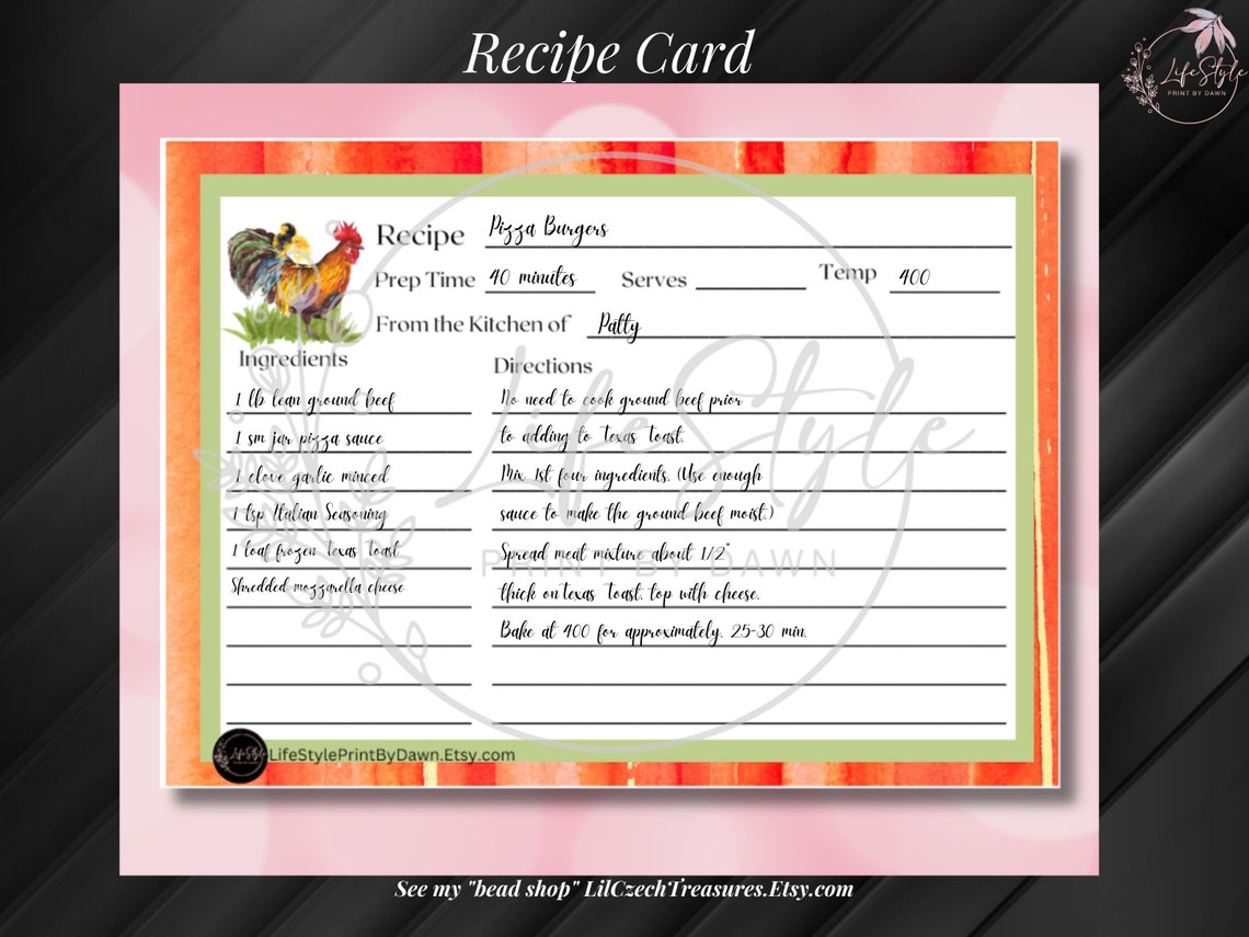 Rooster Design Downloadable Recipe Card Printable Recipe Card ...