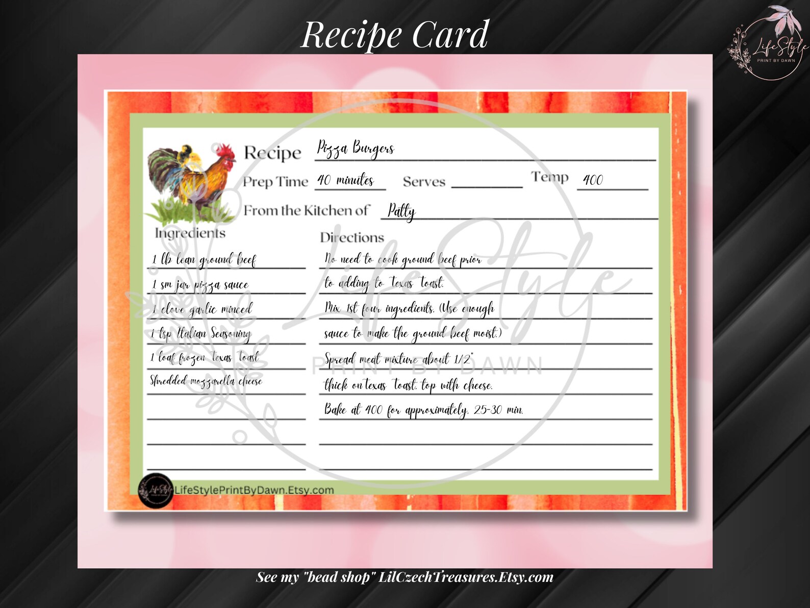 Rooster Design Downloadable Recipe Card Printable Recipe Card ...