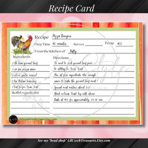 Rooster Design Downloadable Recipe Card Printable Recipe Card ...