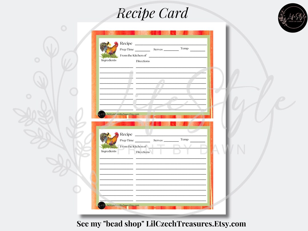 Rooster Design Downloadable Recipe Card Printable Recipe Card ...